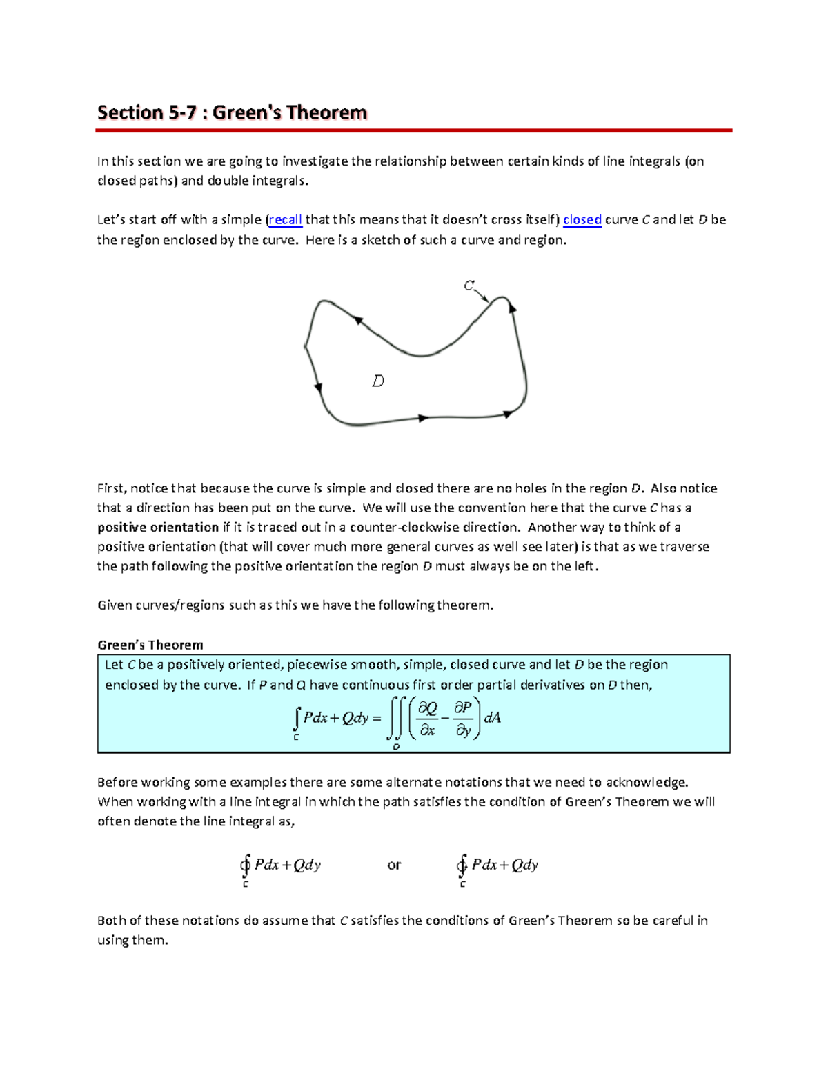 Calc Iii Greens Thm Lecture Notes Section 5 7 Greens Theorem In This Section We Are Going