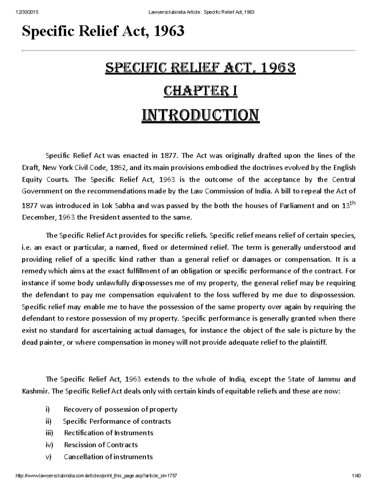 Specific releif act notes - Specific Relief Act, 1963 specific relief ...