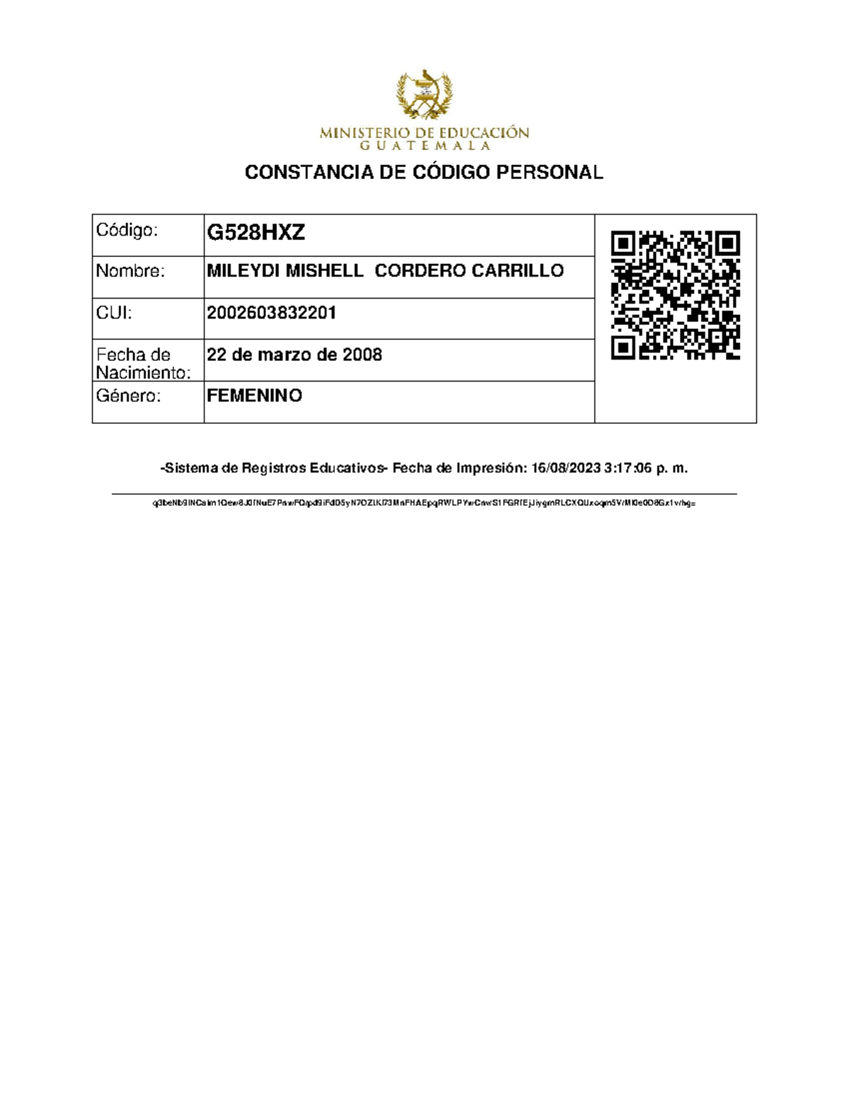 Codigo personal basico matutino - Código: G528HXZ Nombre: MILEYDI ...