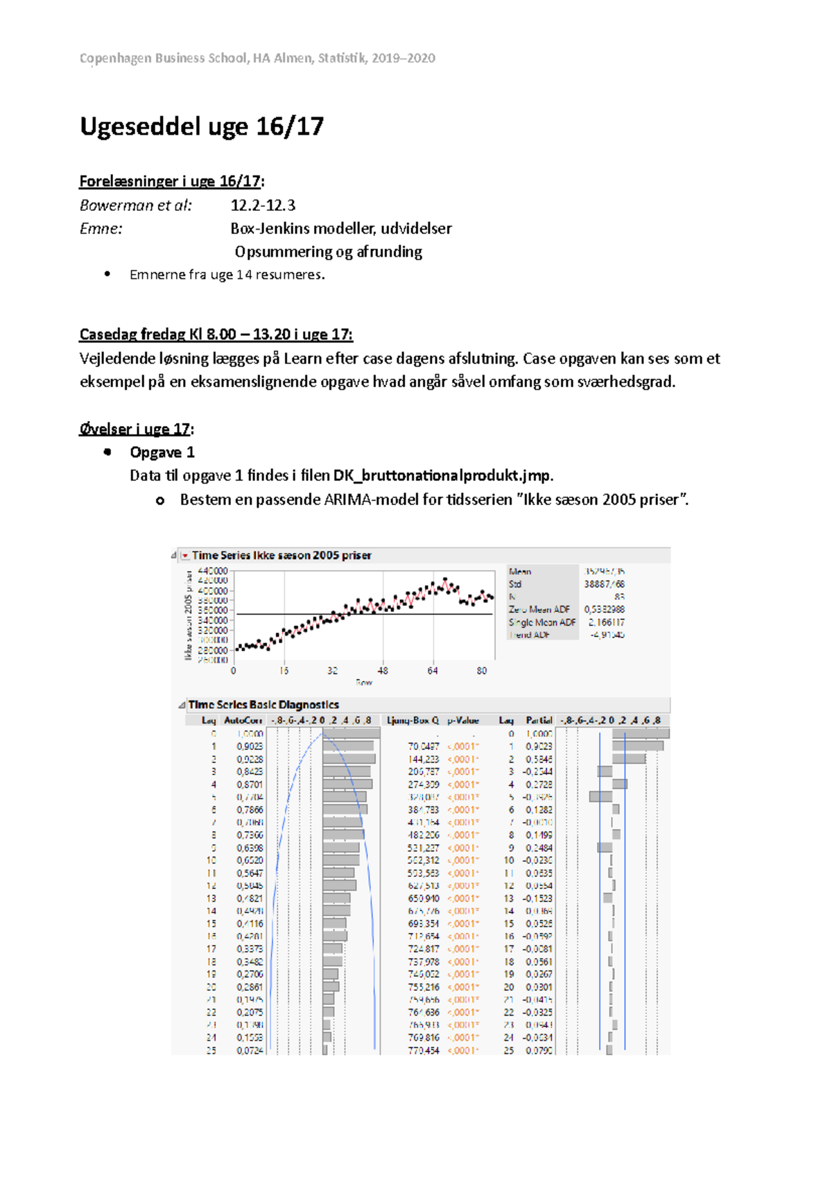 Uge 16 Dynamisk regression opgaver - Ugeseddel uge 16/ Forelæsninger i uge 16/17: Bowerman et al ...