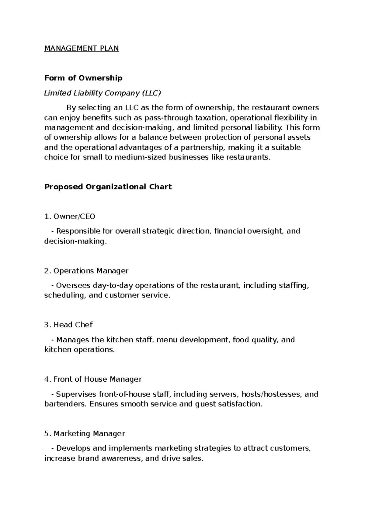 Jthmapfoodinnovation - MANAGEMENT PLAN Form of Ownership Limited ...