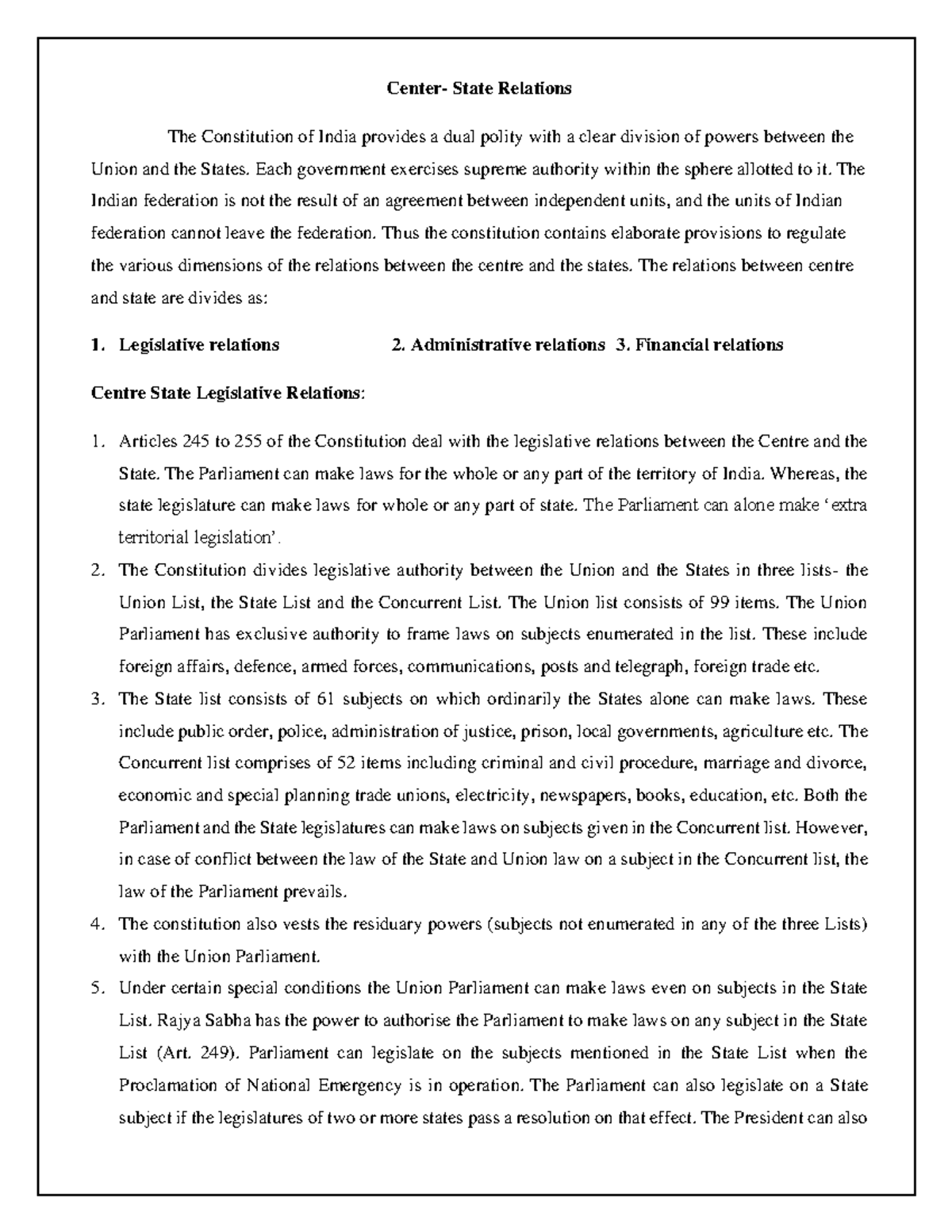 Centre State Relations - Center- State Relations The Constitution of ...