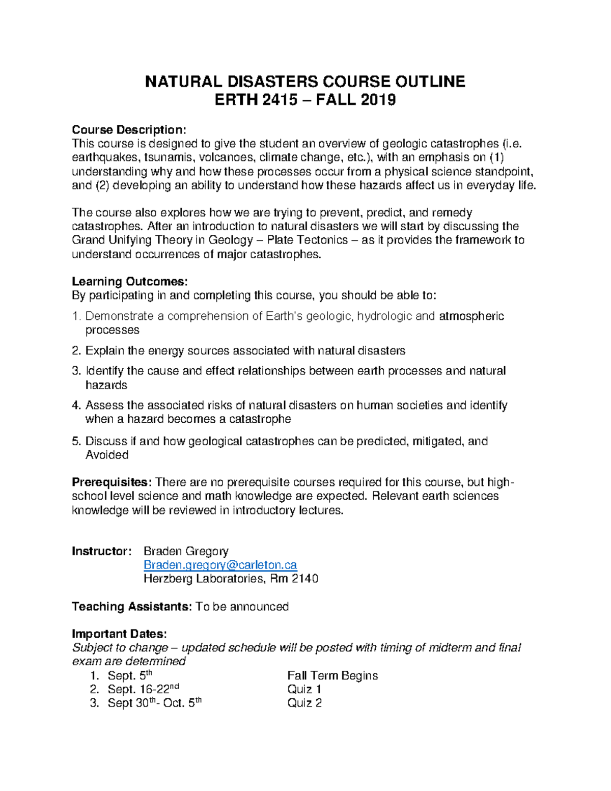 Natural Disasters Course Outline 2 - NATURAL DISASTERS COURSE OUTLINE ...