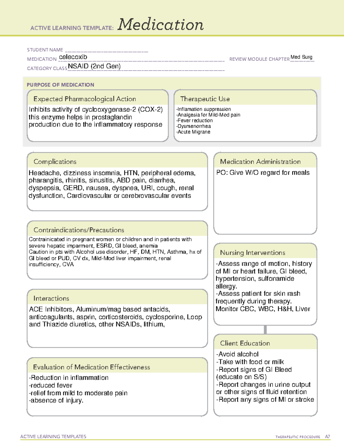 Celecoxib Med Sheet - ACTIVE LEARNING TEMPLATES TherapeuTic procedure A ...