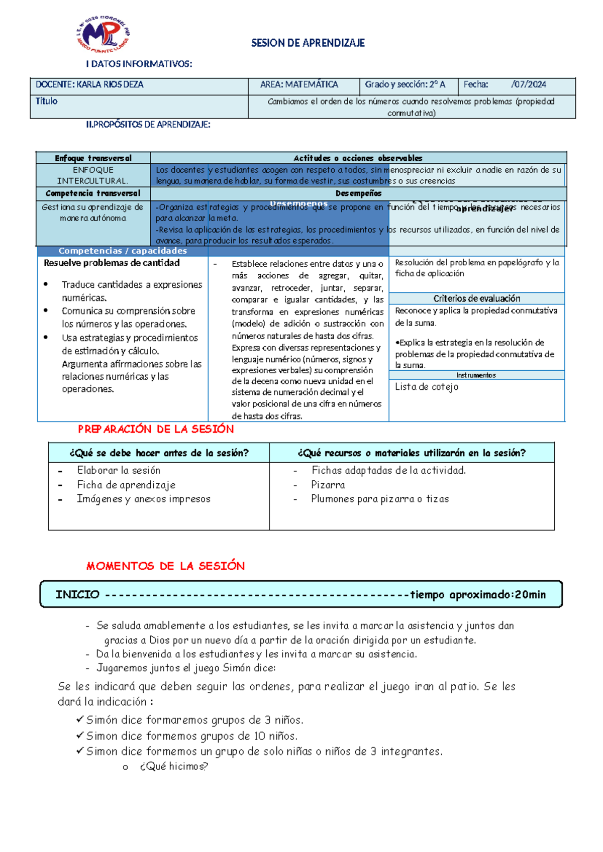 modelo de sesión de matemática 2024 - SESION DE APRENDIZAJE I DATOS INFORMATIVOS: DOCENTE: KARLA ...