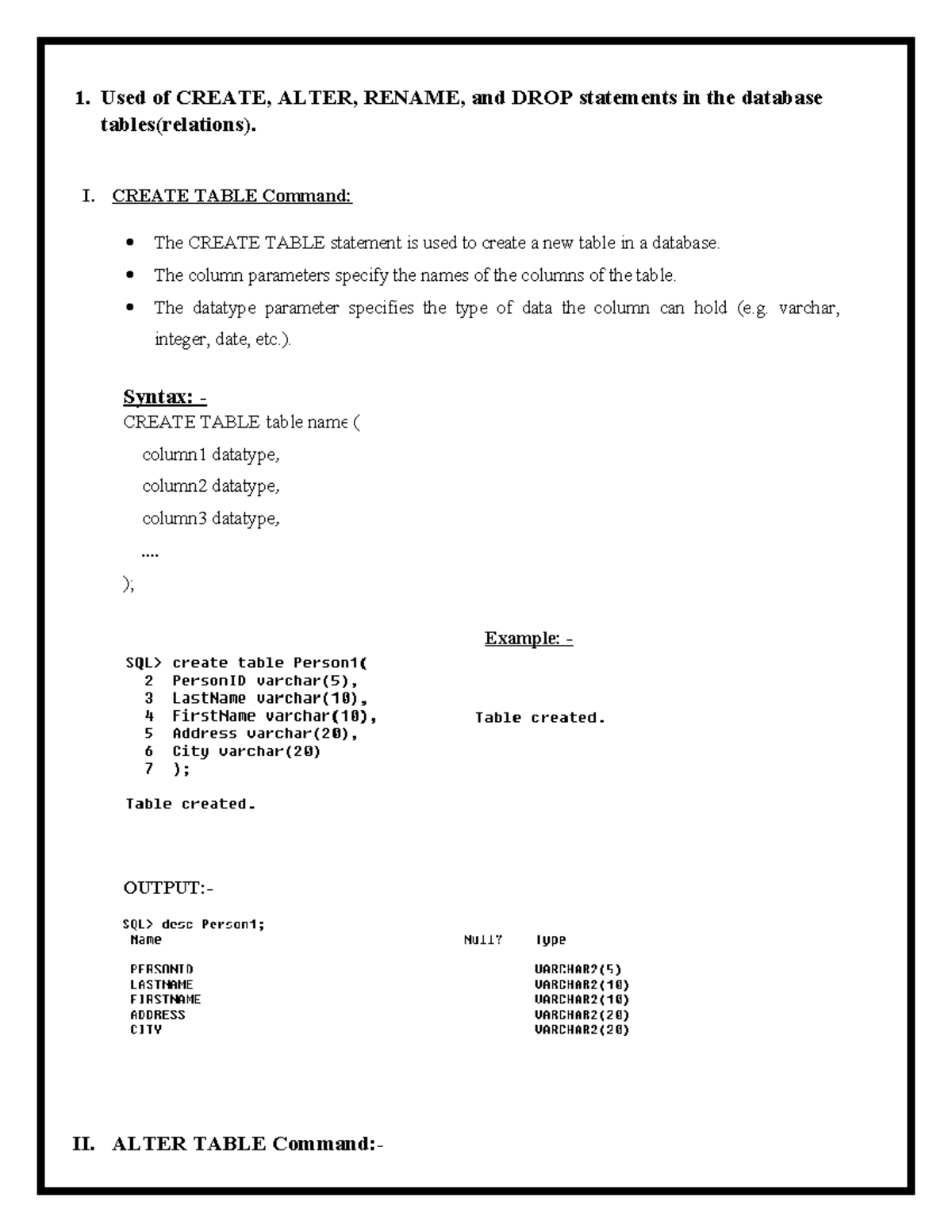 DBMS FILE 1 - 1. Used of CREATE, ALTER, RENAME, and DROP statements in ...