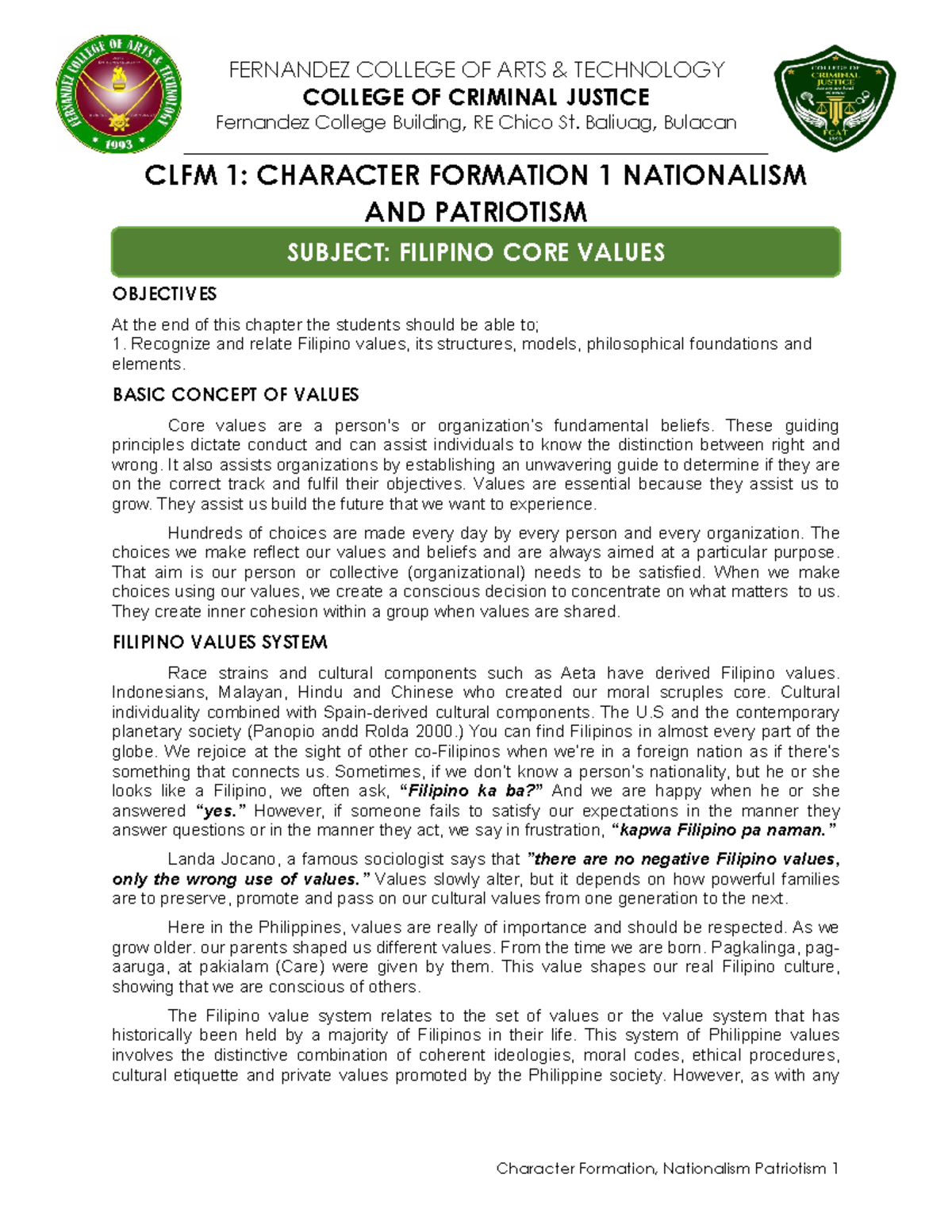 CLFM 1 SEMI Finals - COLLEGE OF CRIMINAL JUSTICE Fernandez College ...