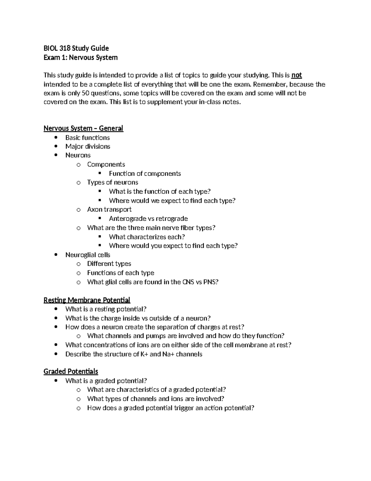BIOL 318 Exam1 study guide - BIOL 318 Study Guide Exam 1: Nervous ...