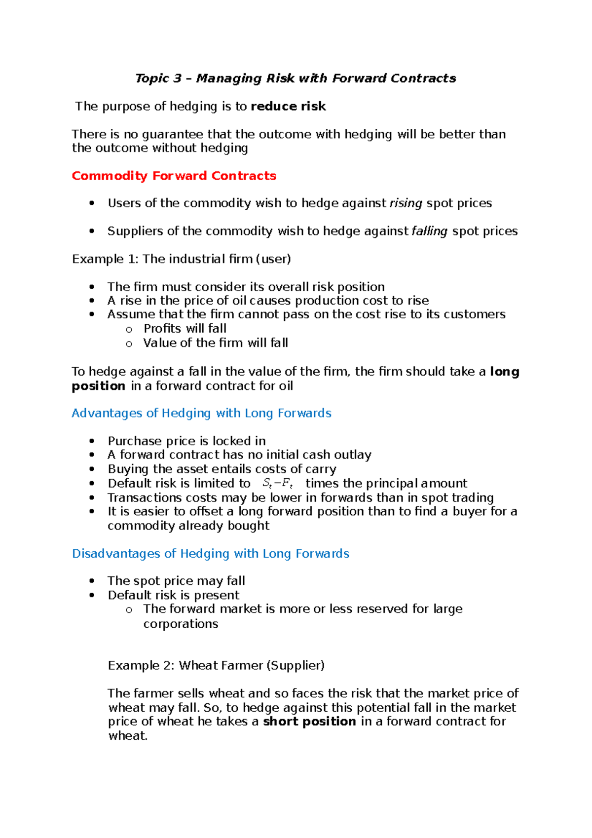 Topic 3 - Notes on Managing Risks with Forward Contracts - Topic 3 ...