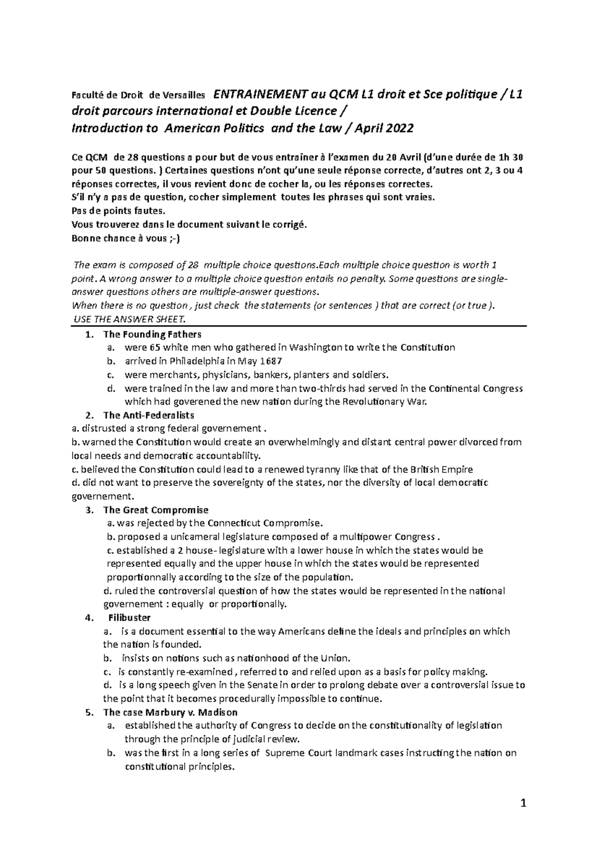 Entrainement au QCM Avril 2022 - Faculté de Droit de Versailles ENTRAINEMENT au QCM L1 droit et ...