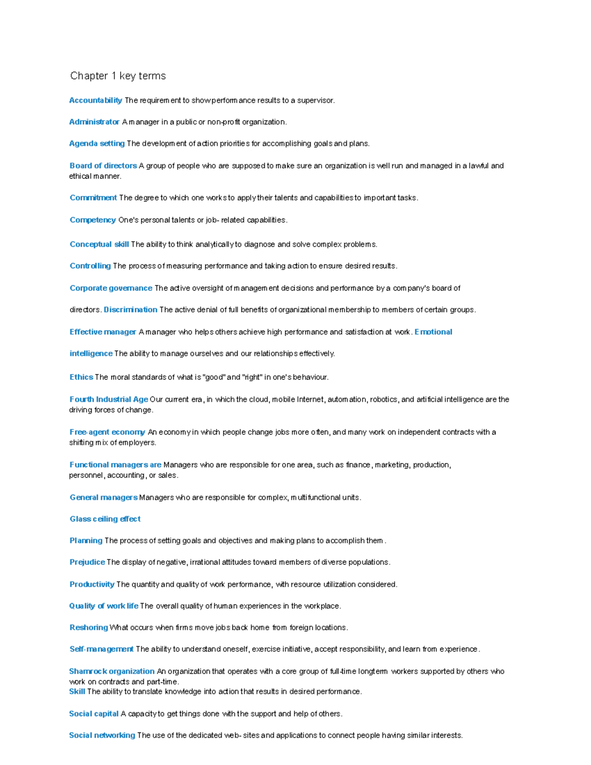 GMS200 key terms - Chapter 1 key terms Accountability The requirement to show performance ...