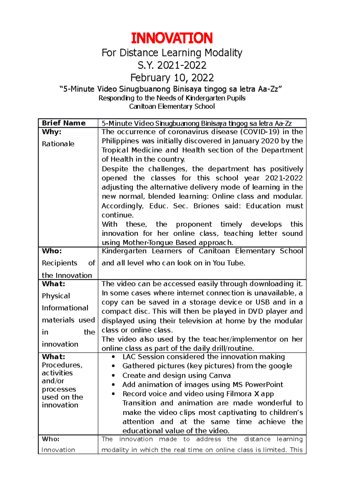 Innov. 5-Minute Video ABC Bisaya Drill - INNOVATION For Distance Learning Modality S. 2021 ...