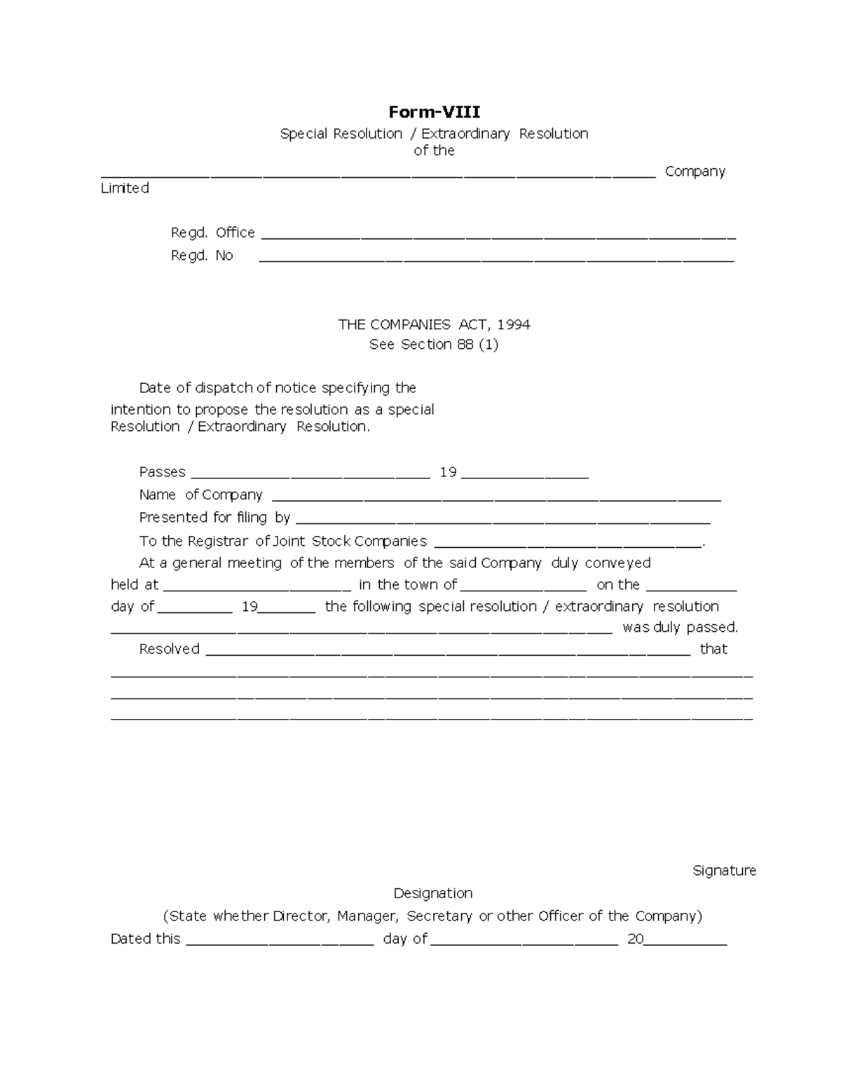 Form-VIII - RJSC FORM for company registration - Form-VIII Special ...