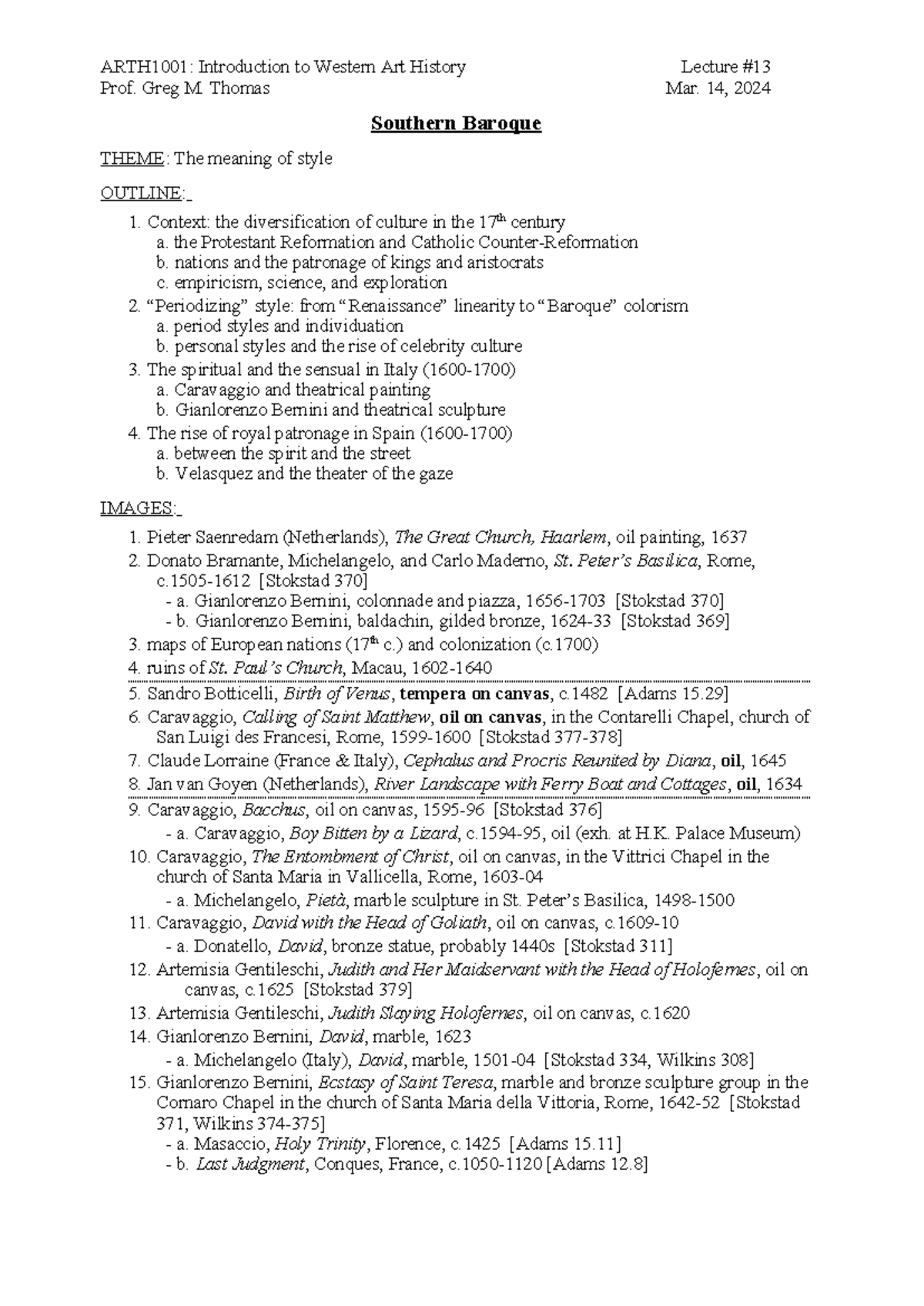 ARTH1001 handout #13, southern Baroque - ARTH1001: Introduction to ...