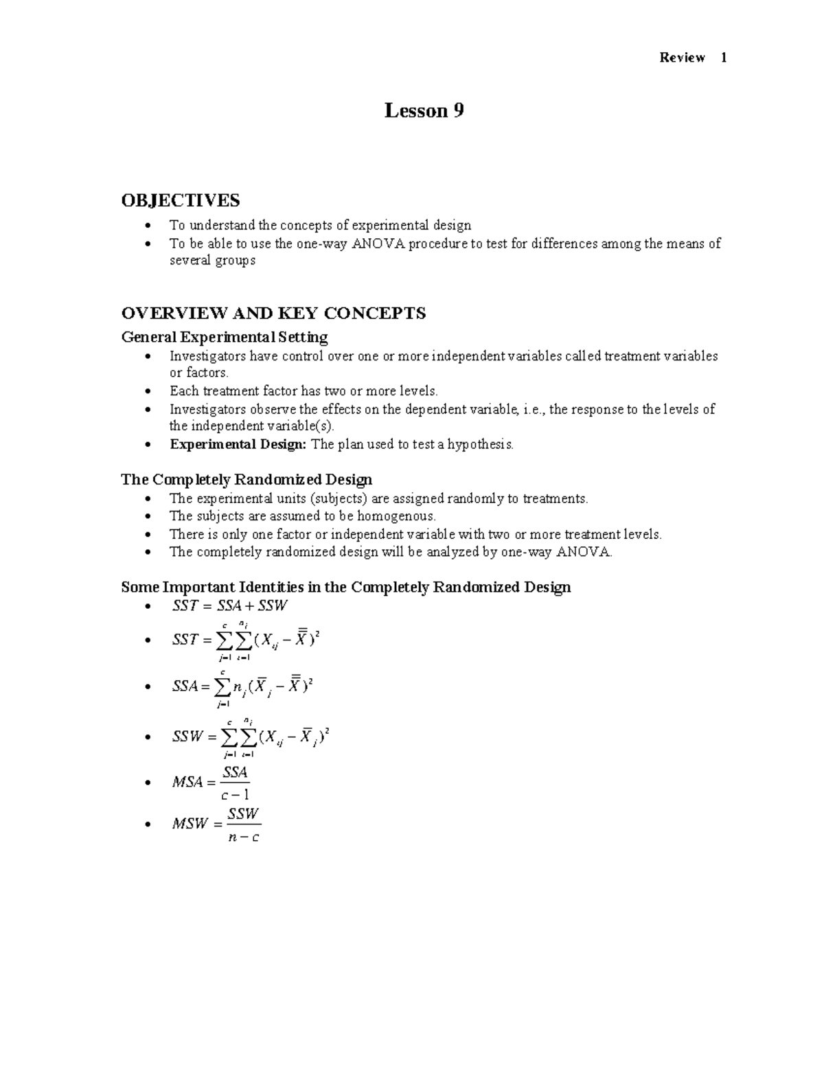 Lesson 9-review - Review 1 Lesson 9 OBJECTIVES • To understand the ...