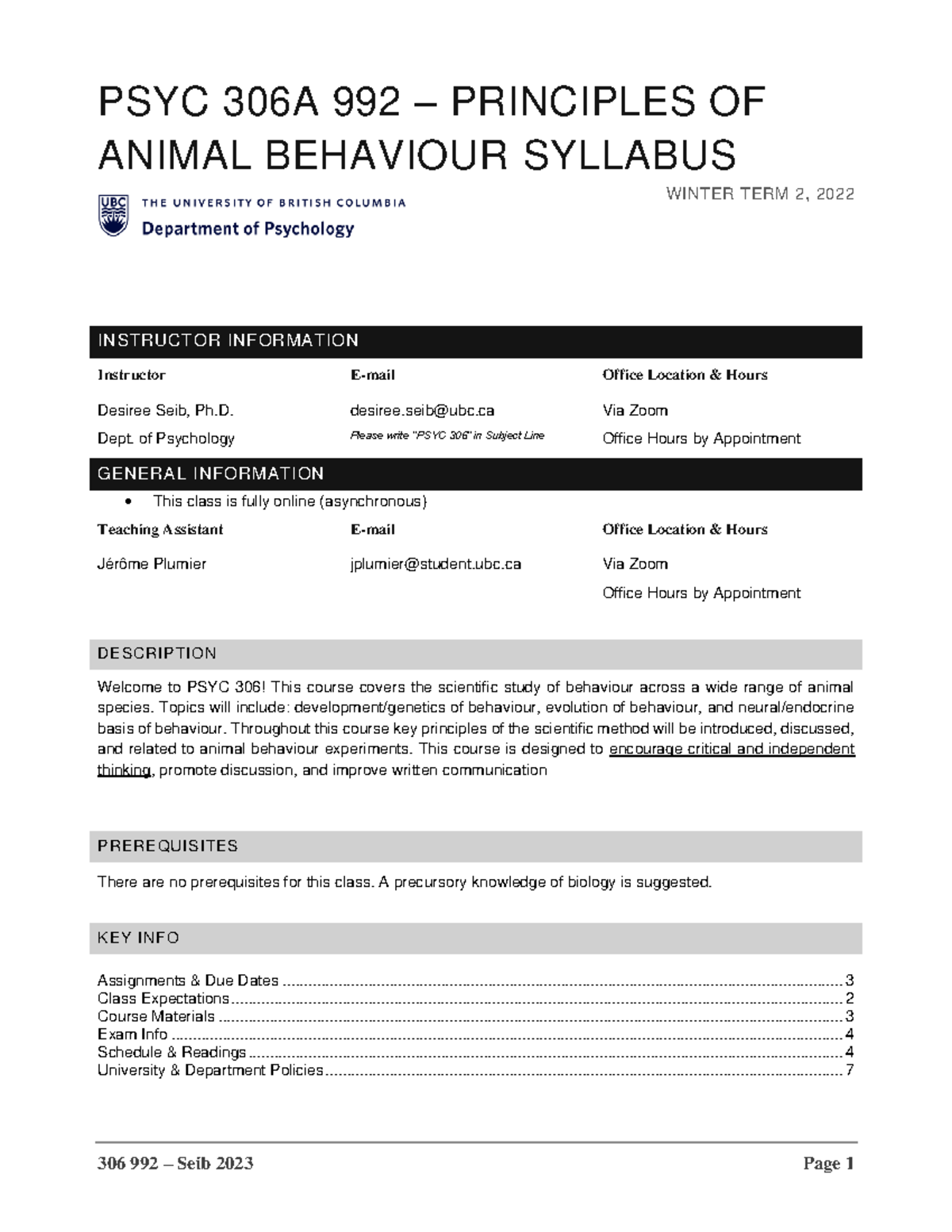 PSYC 306 Syllabus 2023 v1 - PSYC 306A 992 – PRINCIPLES OF ANIMAL ...