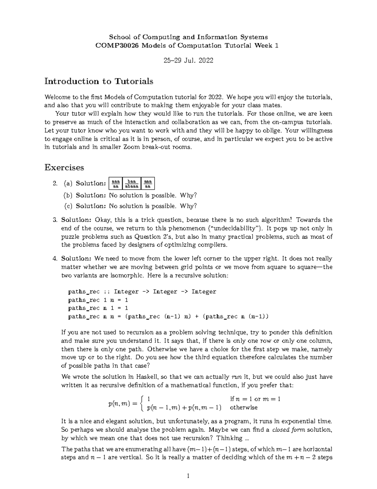 01sol01 - Tutorial 1 Questions and Answers - School of Computing and Information Systems ...