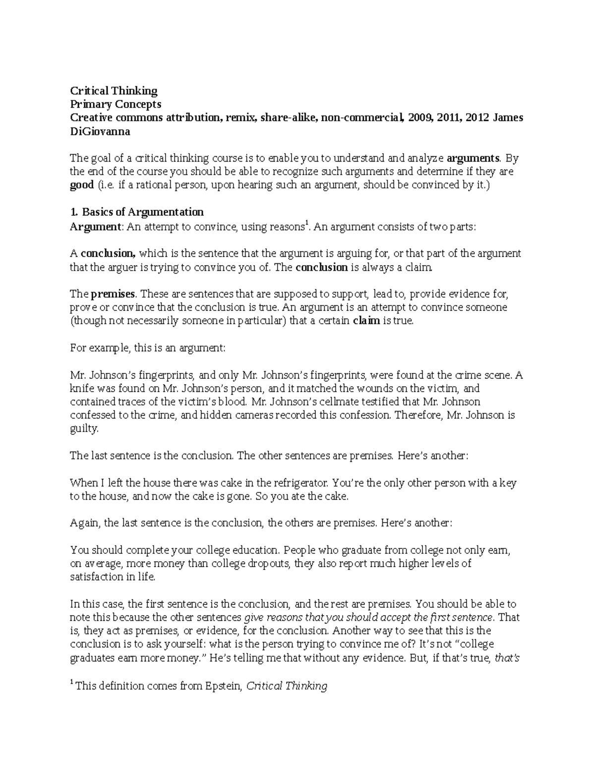 Critical Thinking - prof g - Critical Thinking Primary Concepts ...