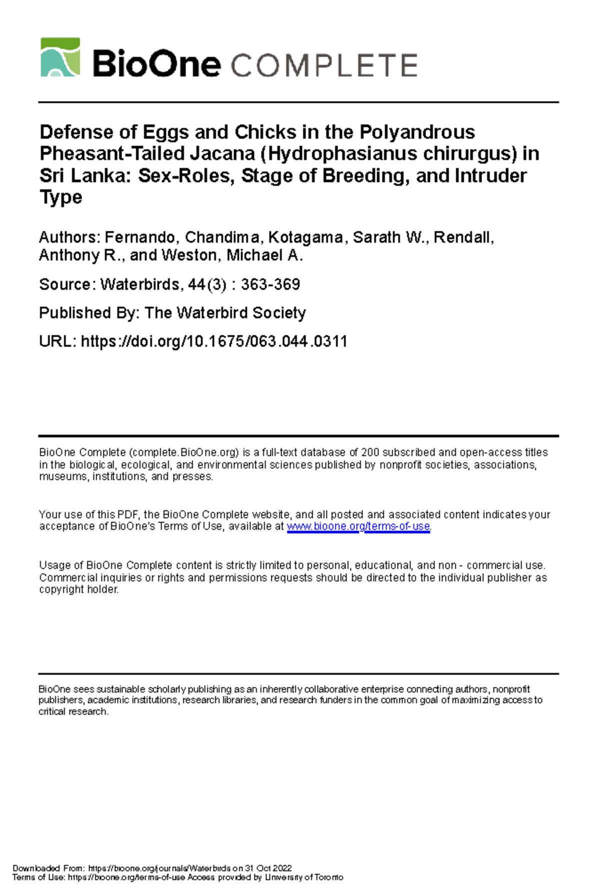 063 - Lab report - Defense of Eggs and Chicks in the Polyandrous ...