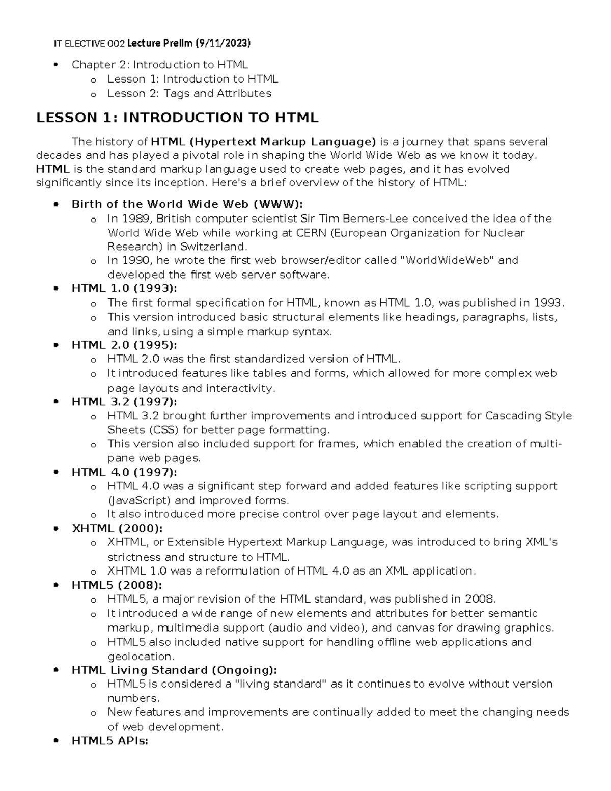 Introduction-to-HTML - IT ELECTIVE 002 Lecture Prelim (9/11/2023) Chapter 2: Introduction to ...