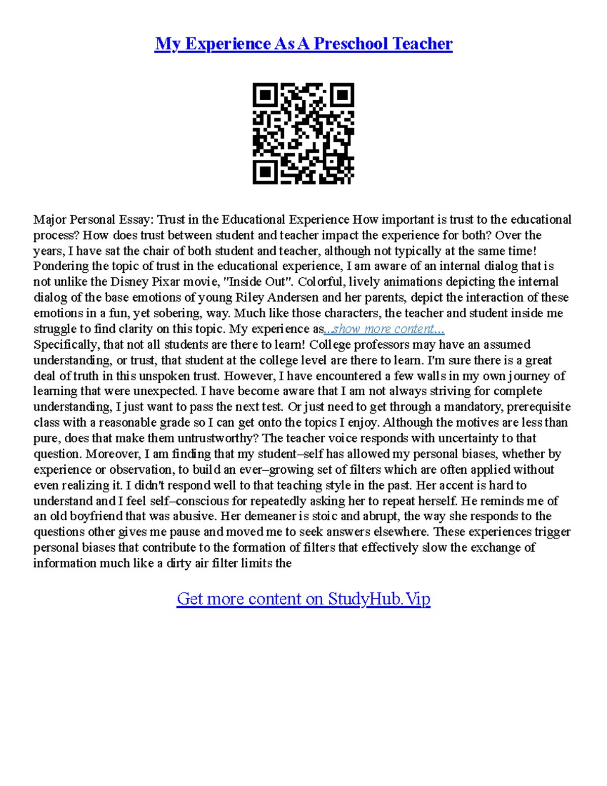 Teaching Experience Essay - My Experience As A Preschool Teacher Major ...