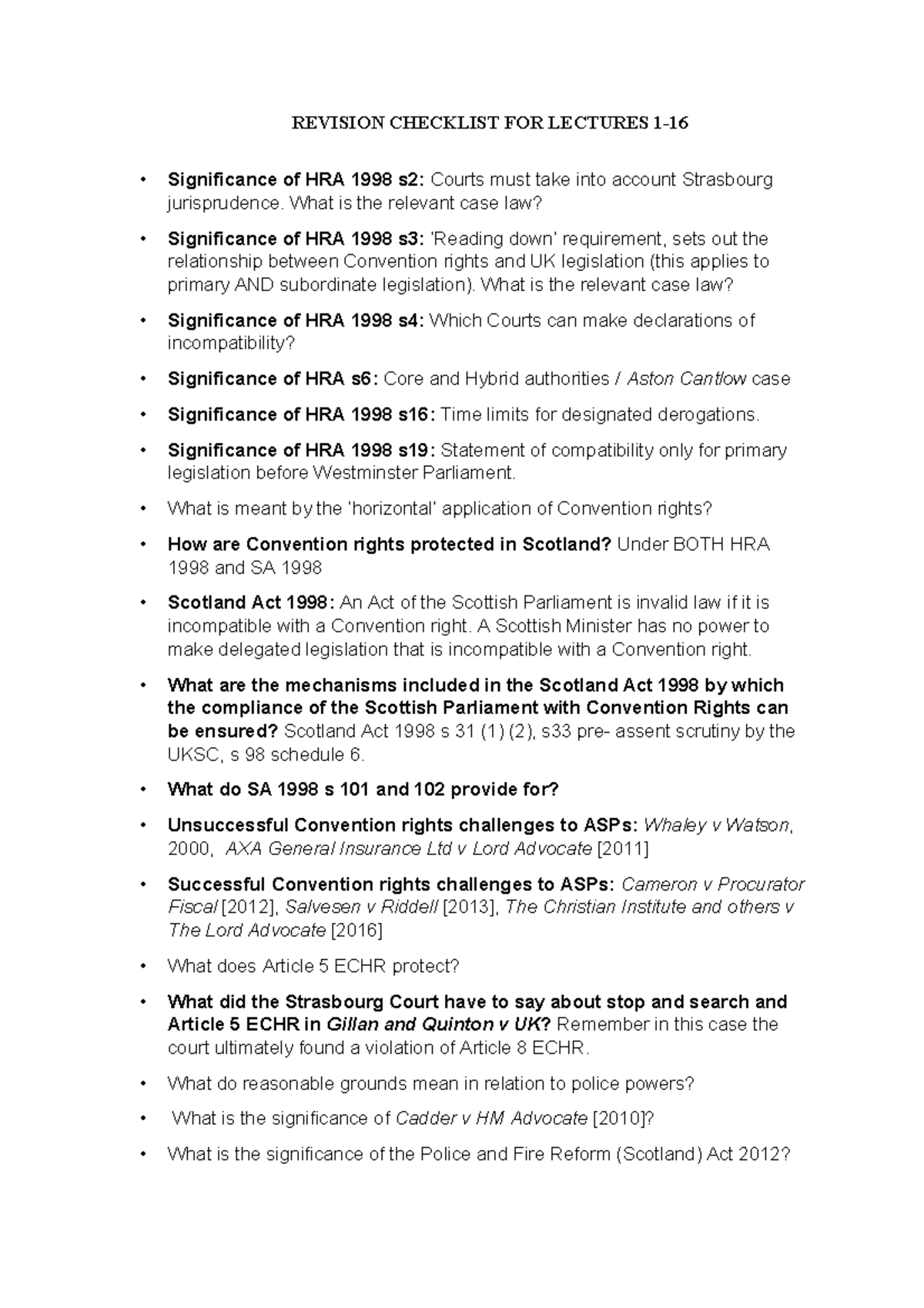 Revision Checklist FOR Lectures 1-16 - REVISION CHECKLIST FOR LECTURES ...