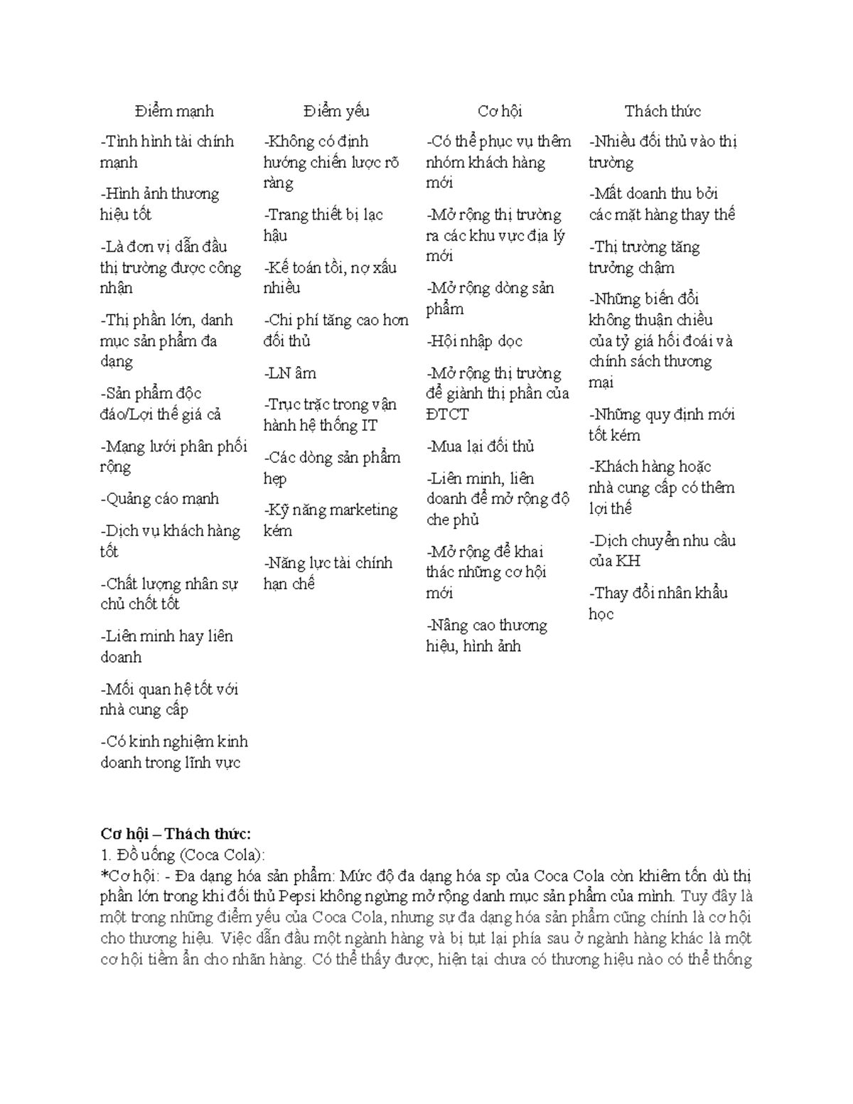 Tài liệu đi thi qtcl - Tài liệu đi thi qtcl - Điểm mạnh Điểm yếu Cơ hội Thách thức -Tình hình ...