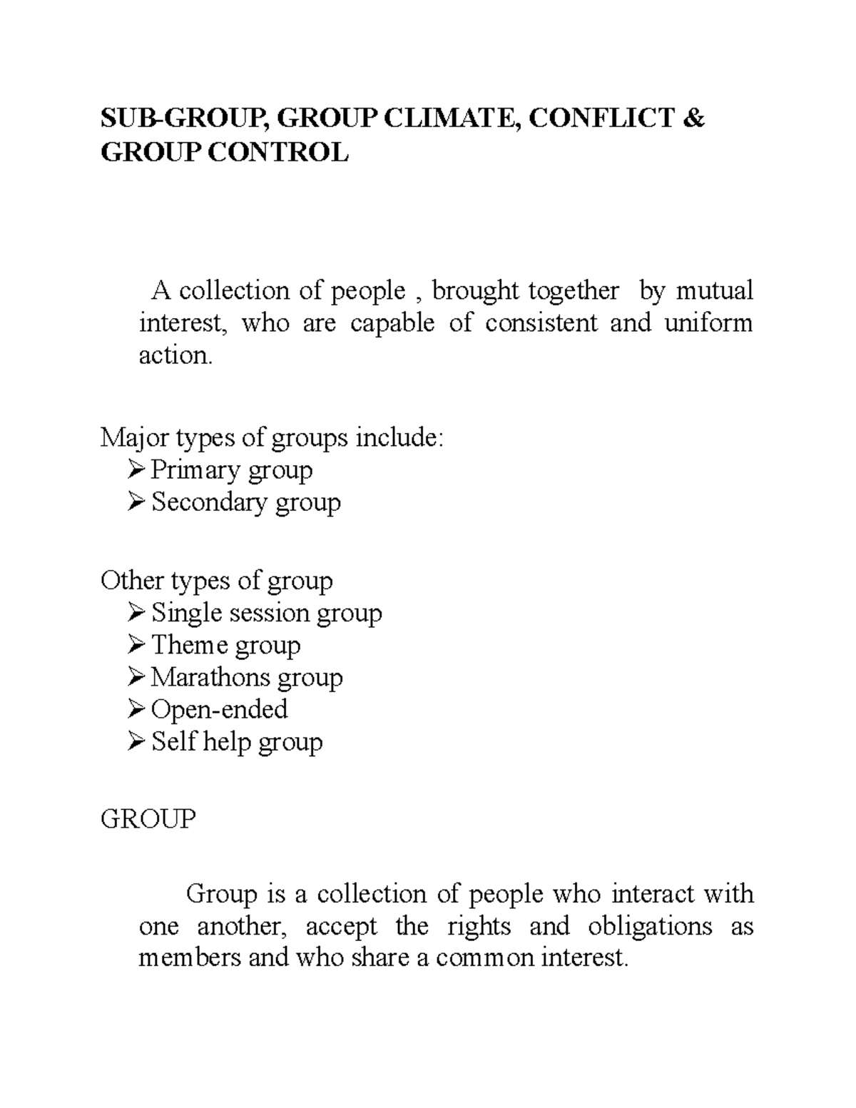 Group conflict and control - SUB-GROUP, GROUP CLIMATE, CONFLICT & GROUP ...
