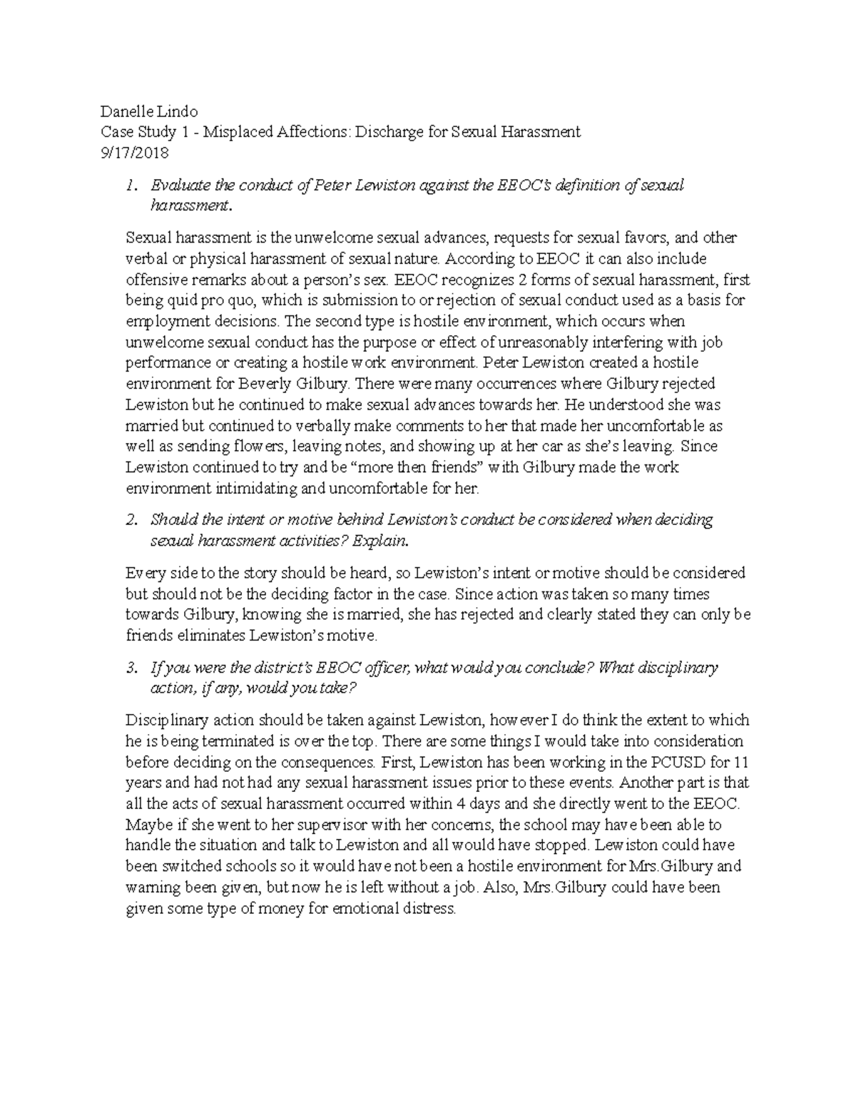 Law Case Study 1: Misplaced Affections: Discharge Sexual Harassment - Danelle Lindo Case Study 1 ...