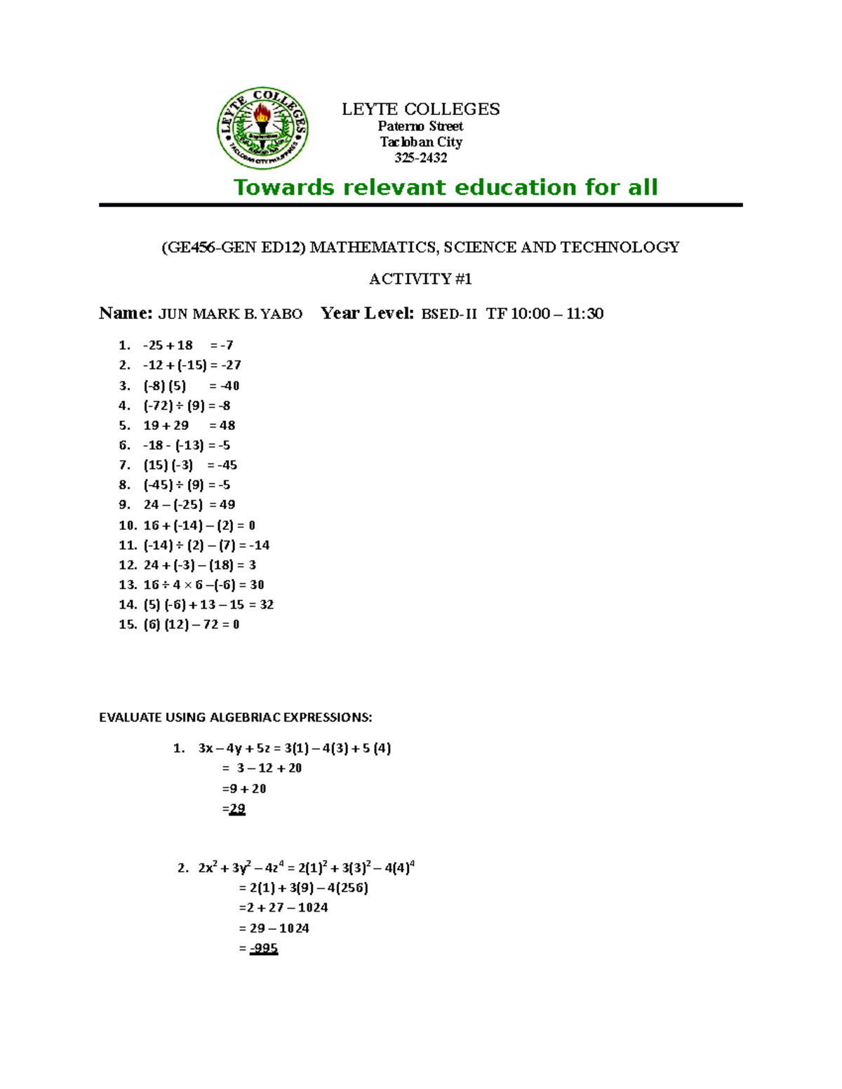 MATHEMATICS, SCIENCE AND TECHNOLOGY ACTIVITY1 - LEYTE COLLEGES Paterno ...