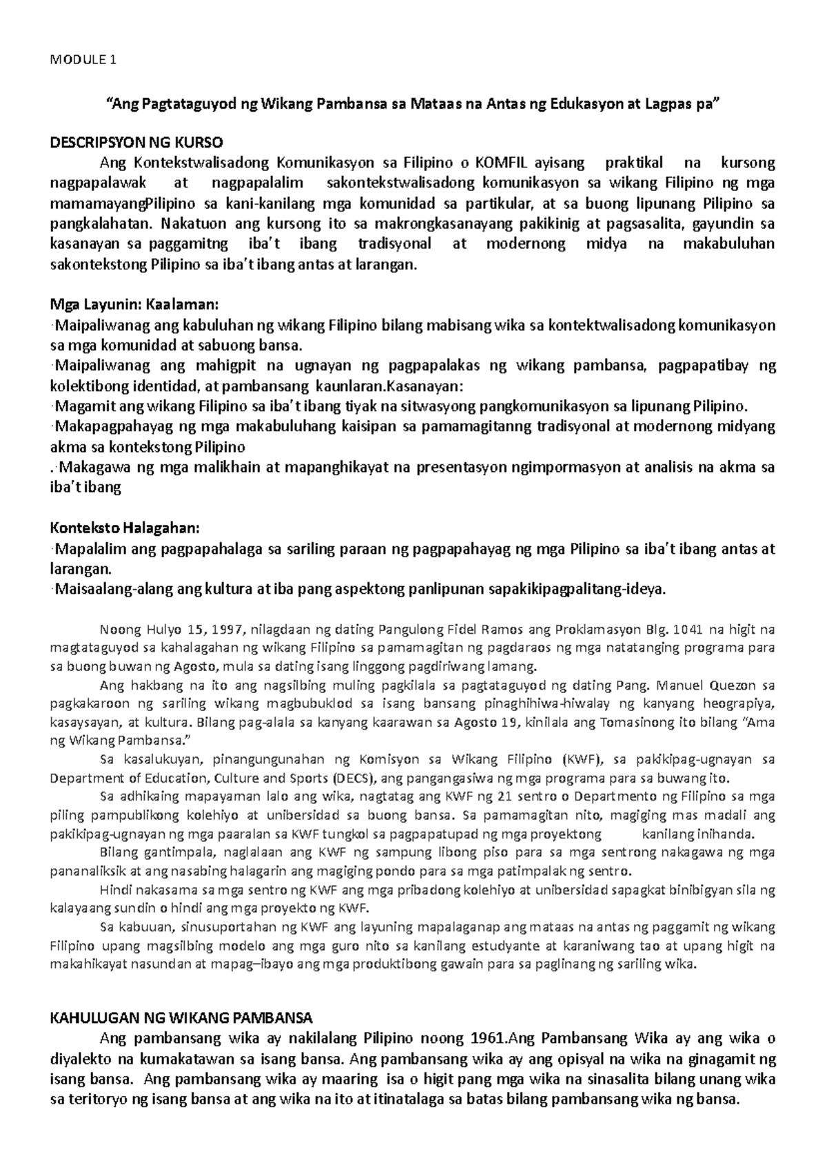 FIL Module 1 5 - Notes - “Ang Pagtataguyod ng Wikang Pambansa sa Mataas ...