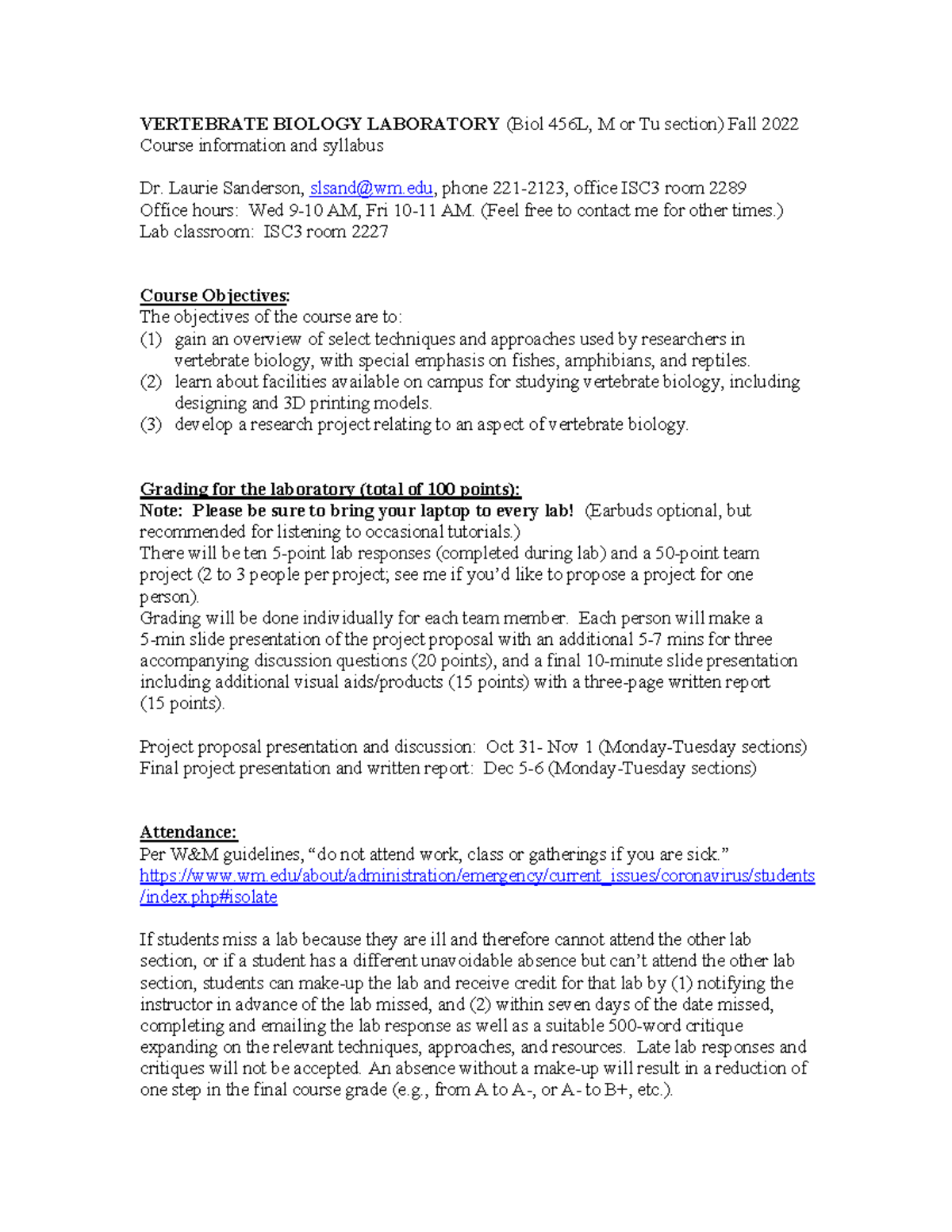 Vert Bio Lab Syllabus 2022 - VERTEBRATE BIOLOGY LABORATORY (Biol 456L ...