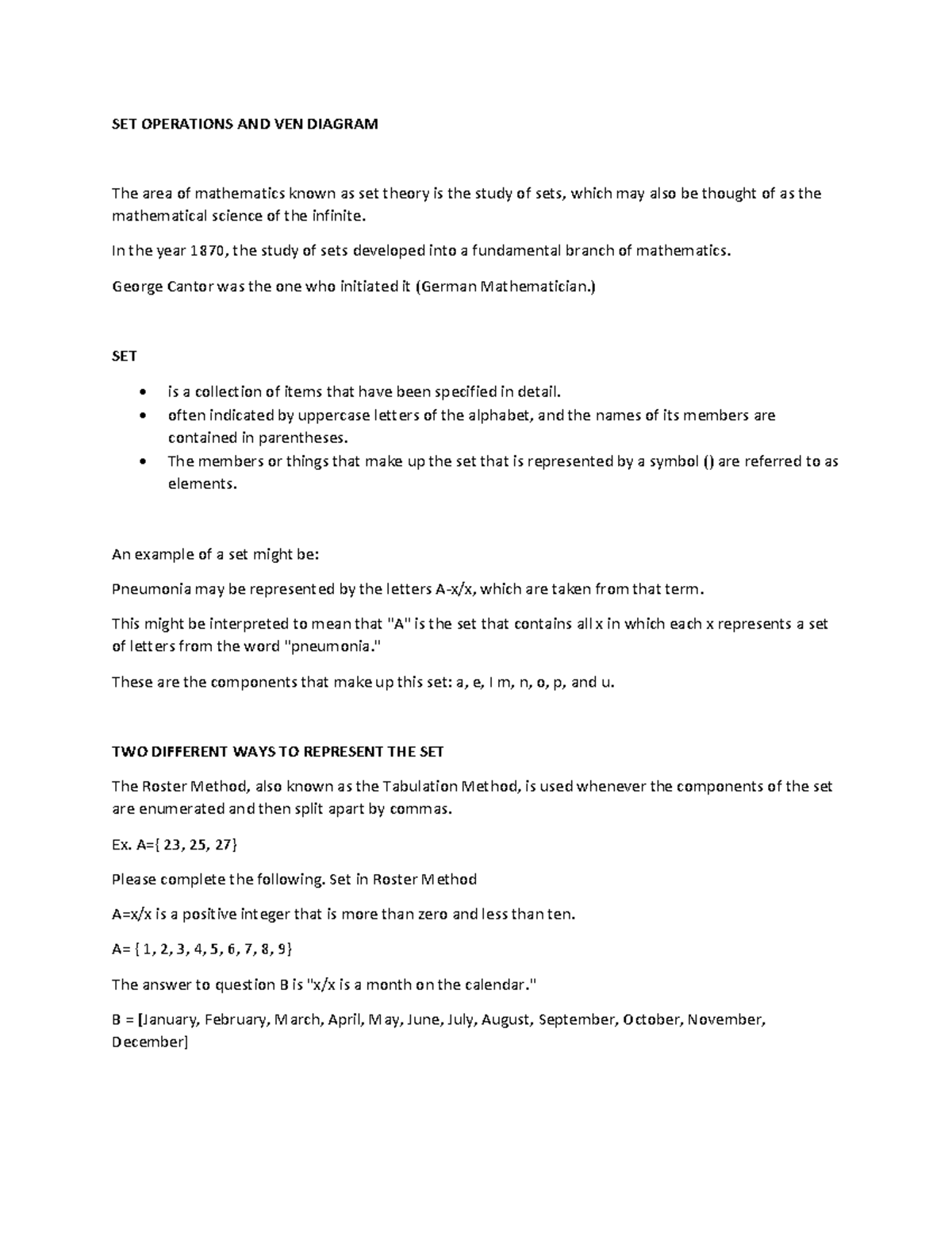 SET Operations AND VENN Diagram ( Summary) - SET OPERATIONS AND VEN ...