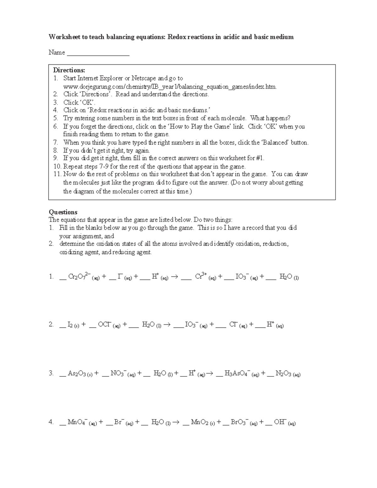 Wkst balancing redox rxn - Worksheet to teach balancing equations ...