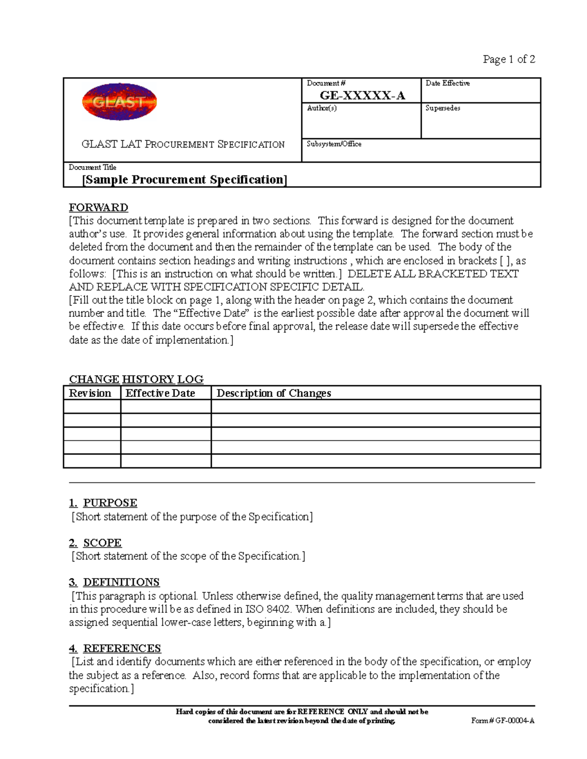 Procure Spec 1 - Page 1 of 2 Document # Date Effective GE-XXXXX-A ...