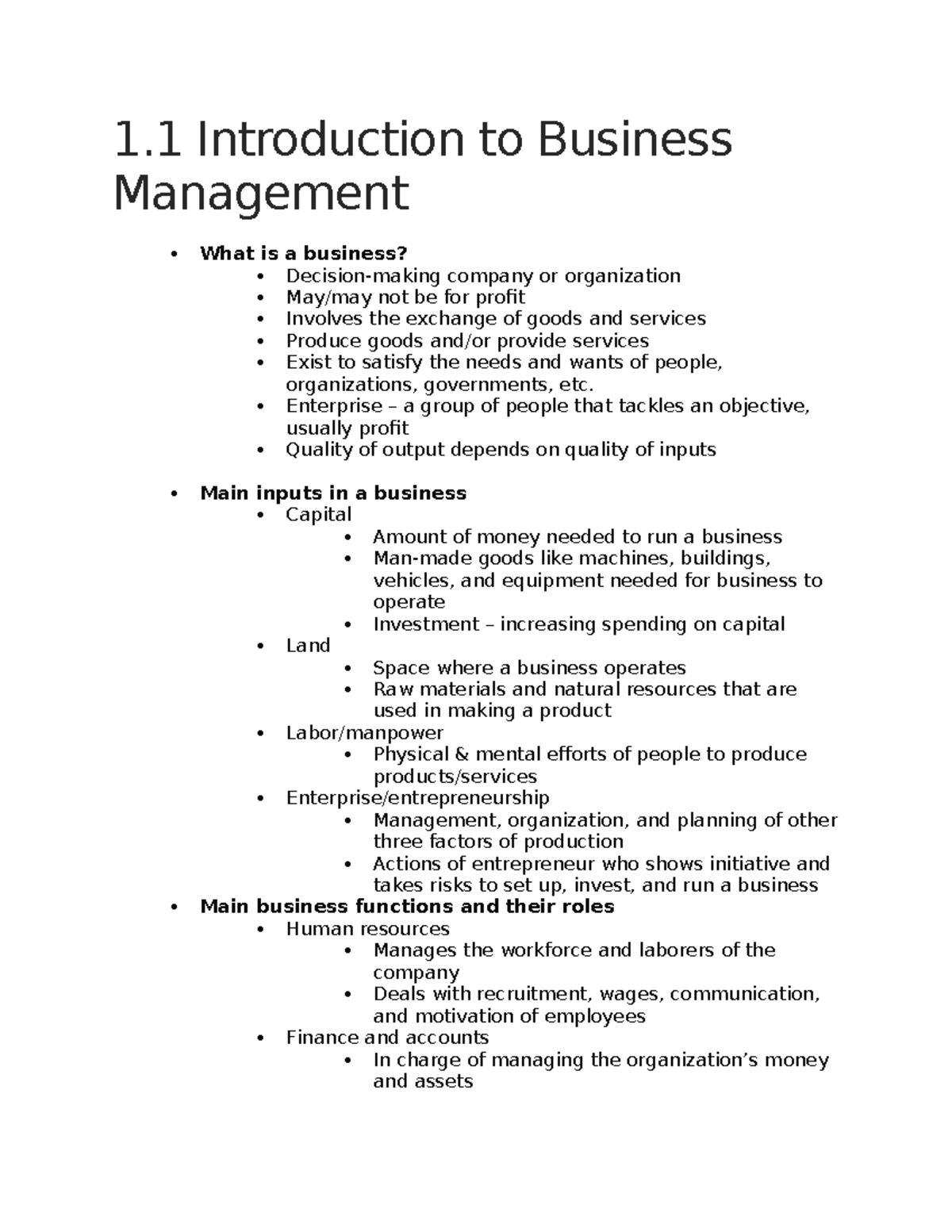 Introduction to business - 1 Introduction to Business Management What ...