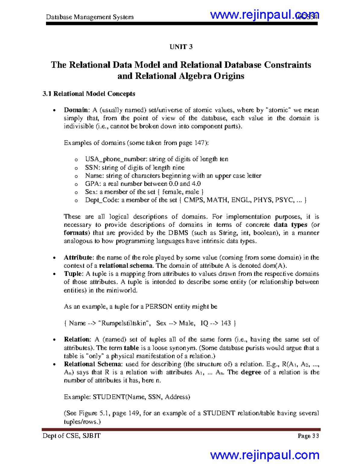 Relational data model - Domain: A (usually named) set/universe of ...