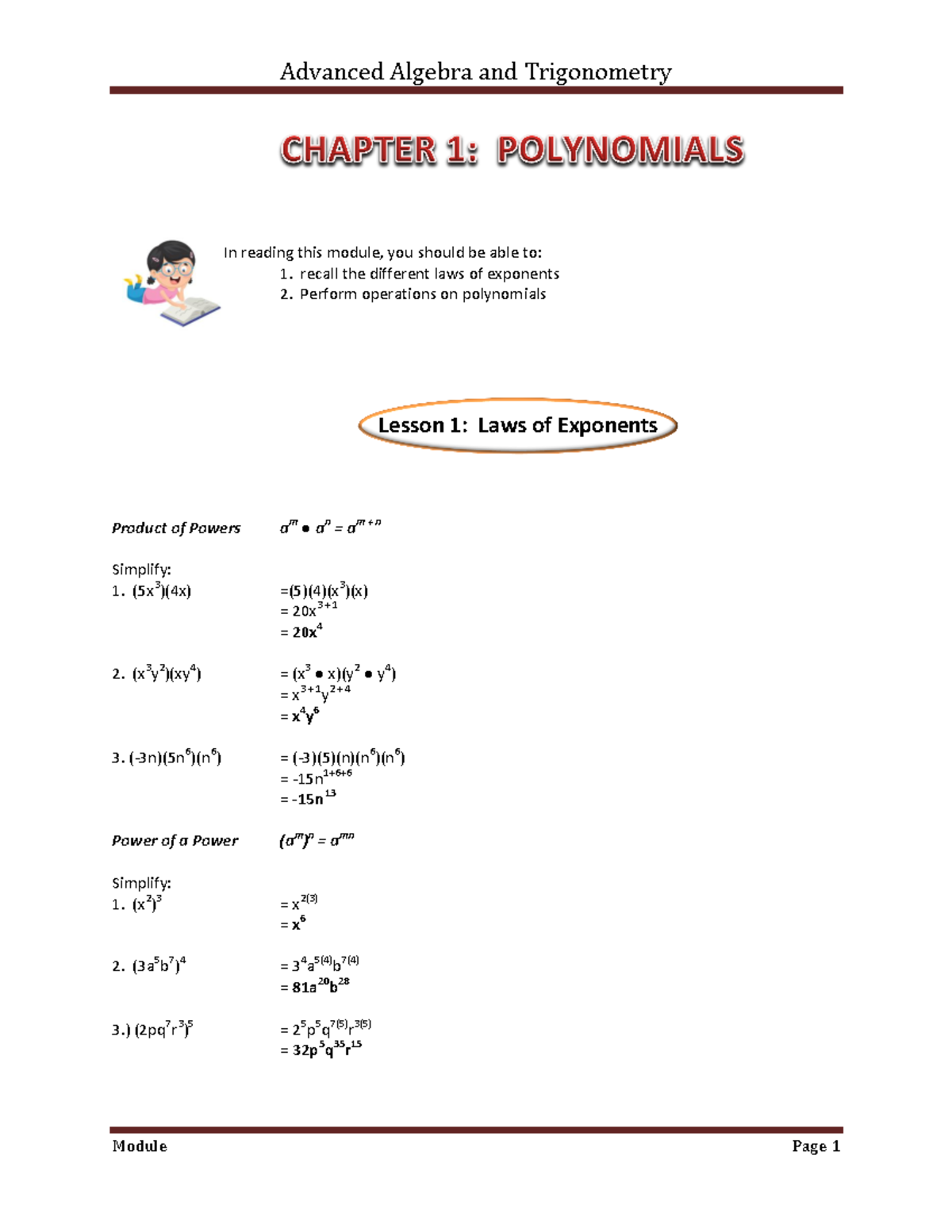 Chapter 1 Polynomials @ first year college - In reading this module ...