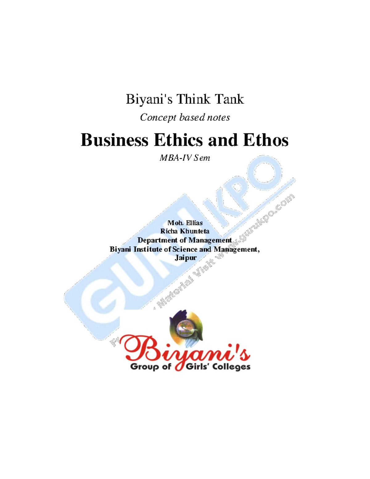 Business Ethics and Ethos - Biyani's Think Tank Concept based notes ...