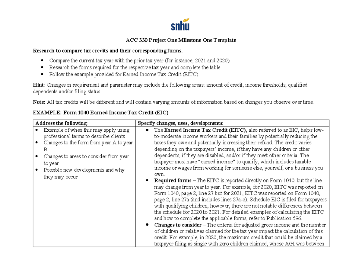 ACC 330 Project One Milestone One - Compare the current tax year with ...