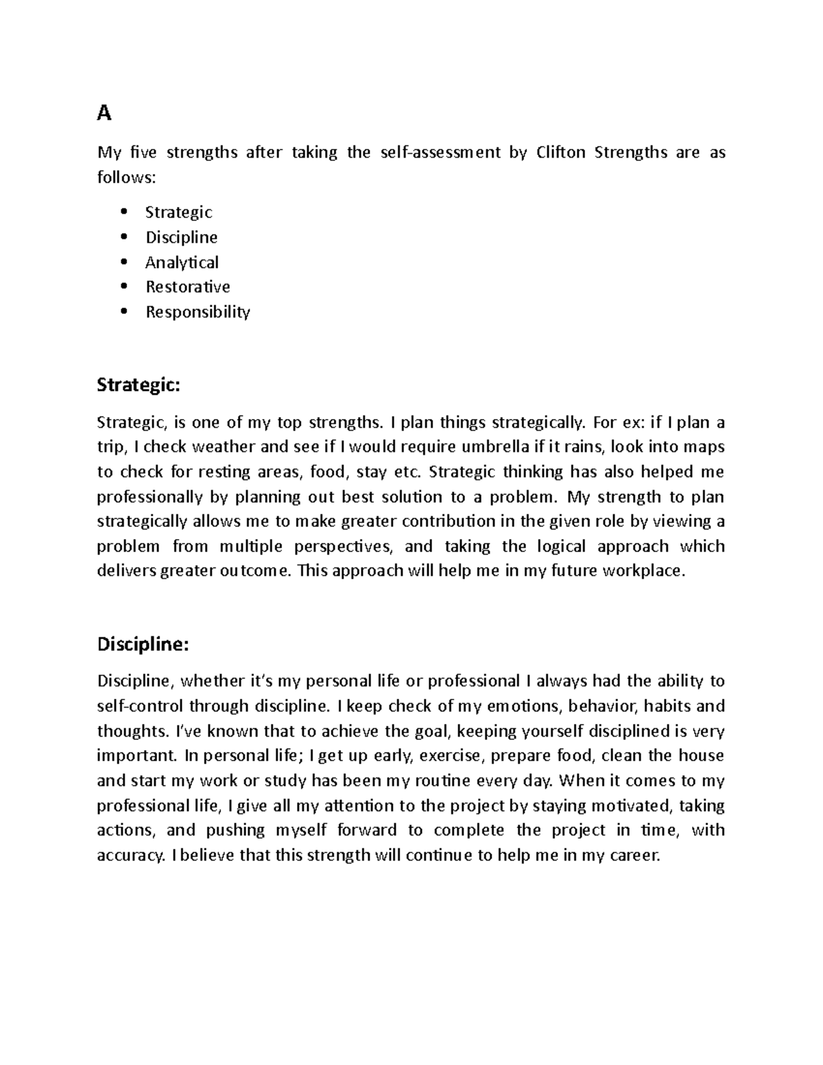 D194 Task 1 - Task 1 - A My five strengths after taking the self ...