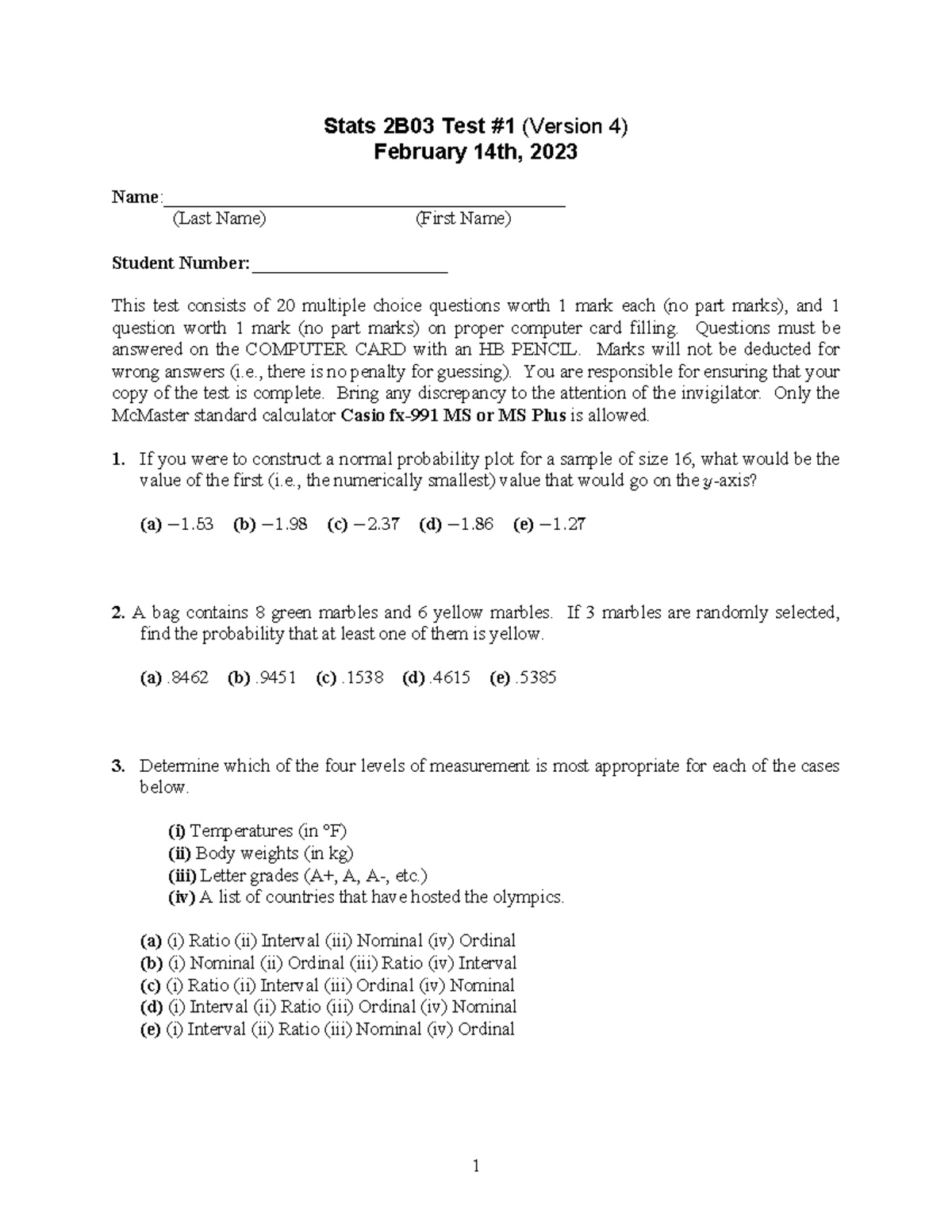 2023 - asdsads - Stats 2B03 Test #1 (Version 4) February 14th, 2023 ...