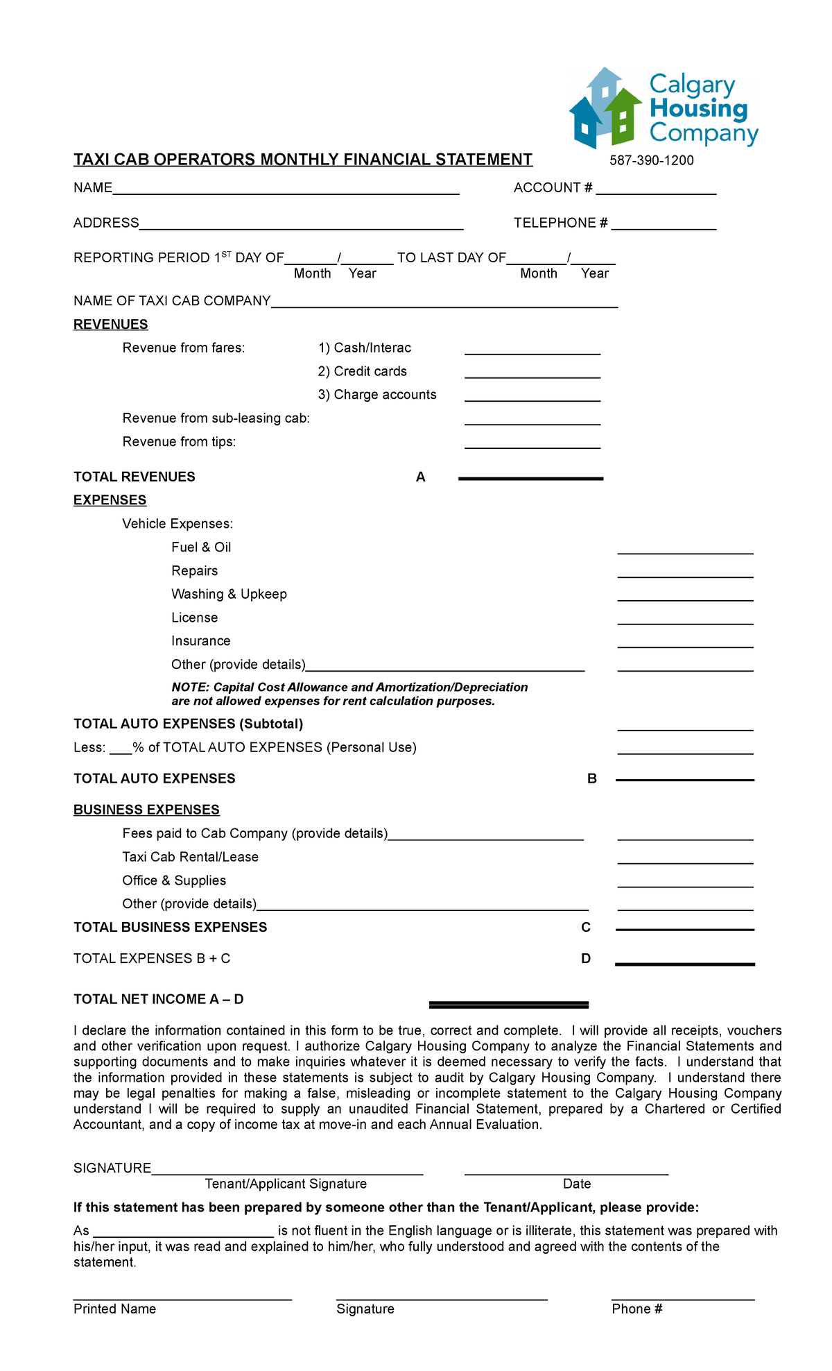 Taxi Cab Financial Statement CH 835 - TAXI CAB OPERATORS MONTHLY ...