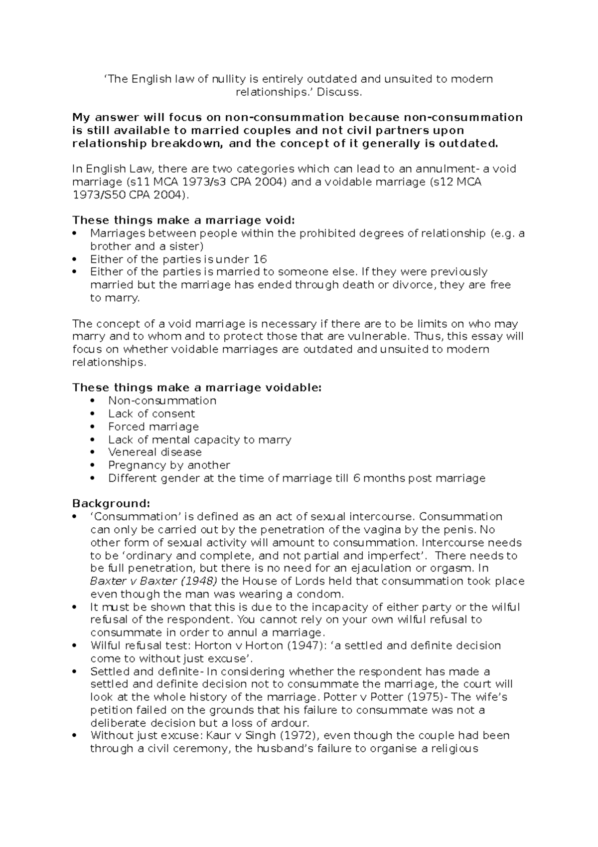 Family Law Essay Plan-Nullity - ‘The English law of nullity is entirely ...