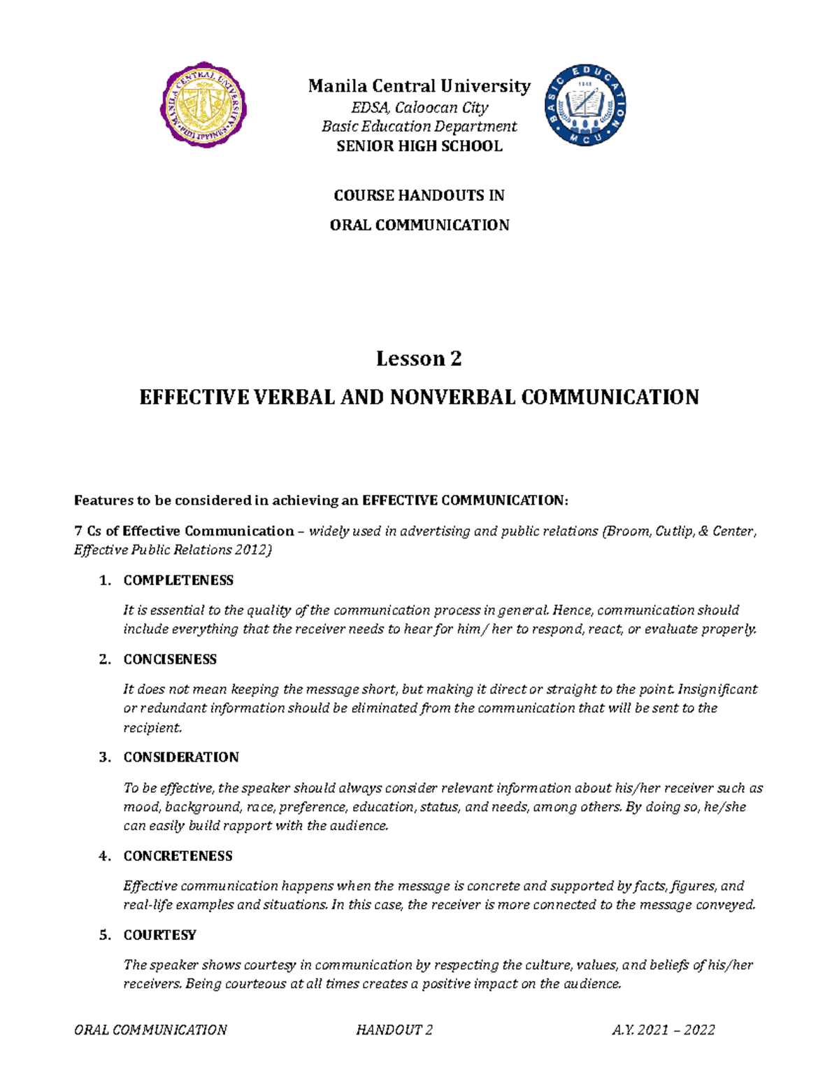 Week 2 Handout 1 - Effective Verbal and Nonverbal Communication ...