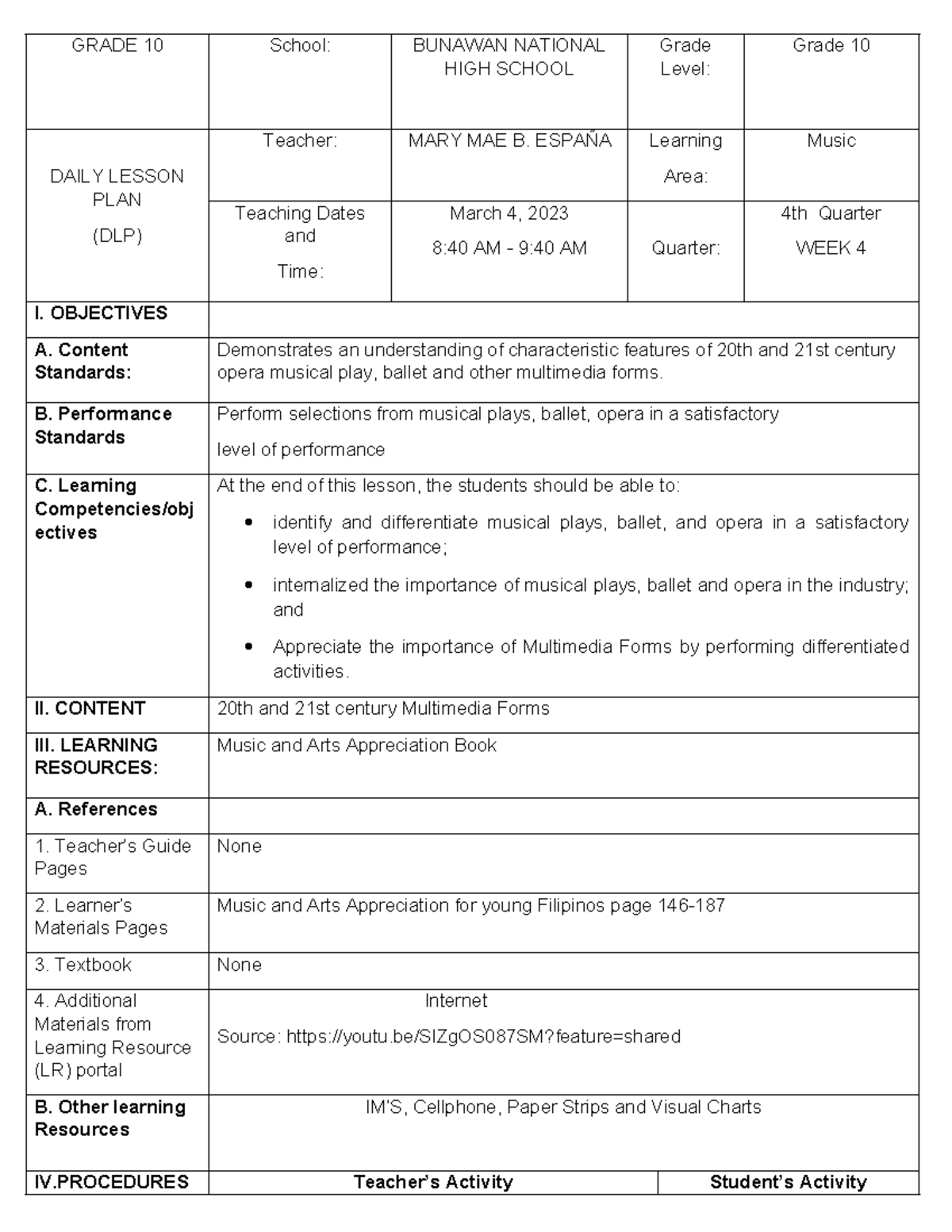 Mae dlp music - GRADE 10 School: BUNAWAN NATIONAL HIGH SCHOOL Grade ...