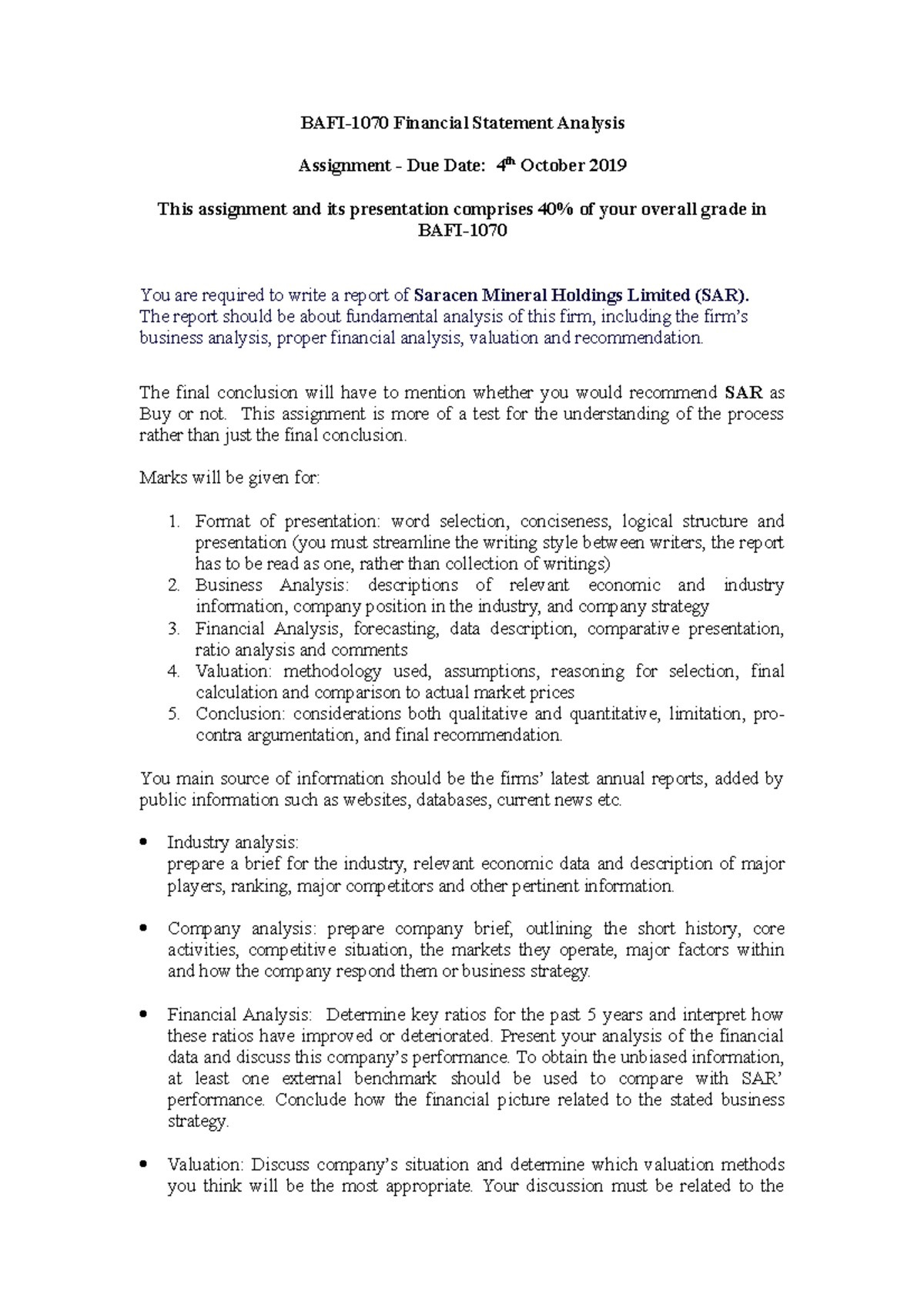 SAR Assignment - GROUP ASSESSMENT - BAFI-1070 Financial Statement ...