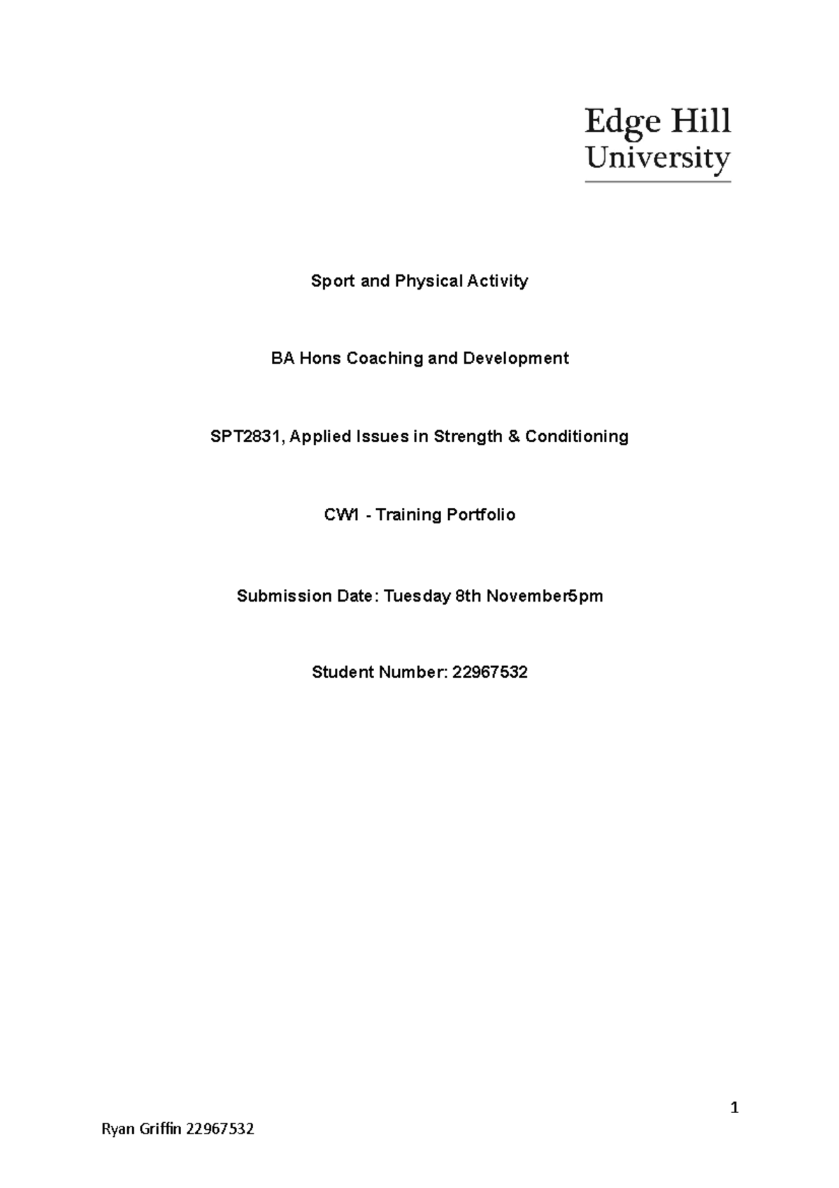 Strength and Conditioning Assignment 1 - Sport and Physical Activity BA ...