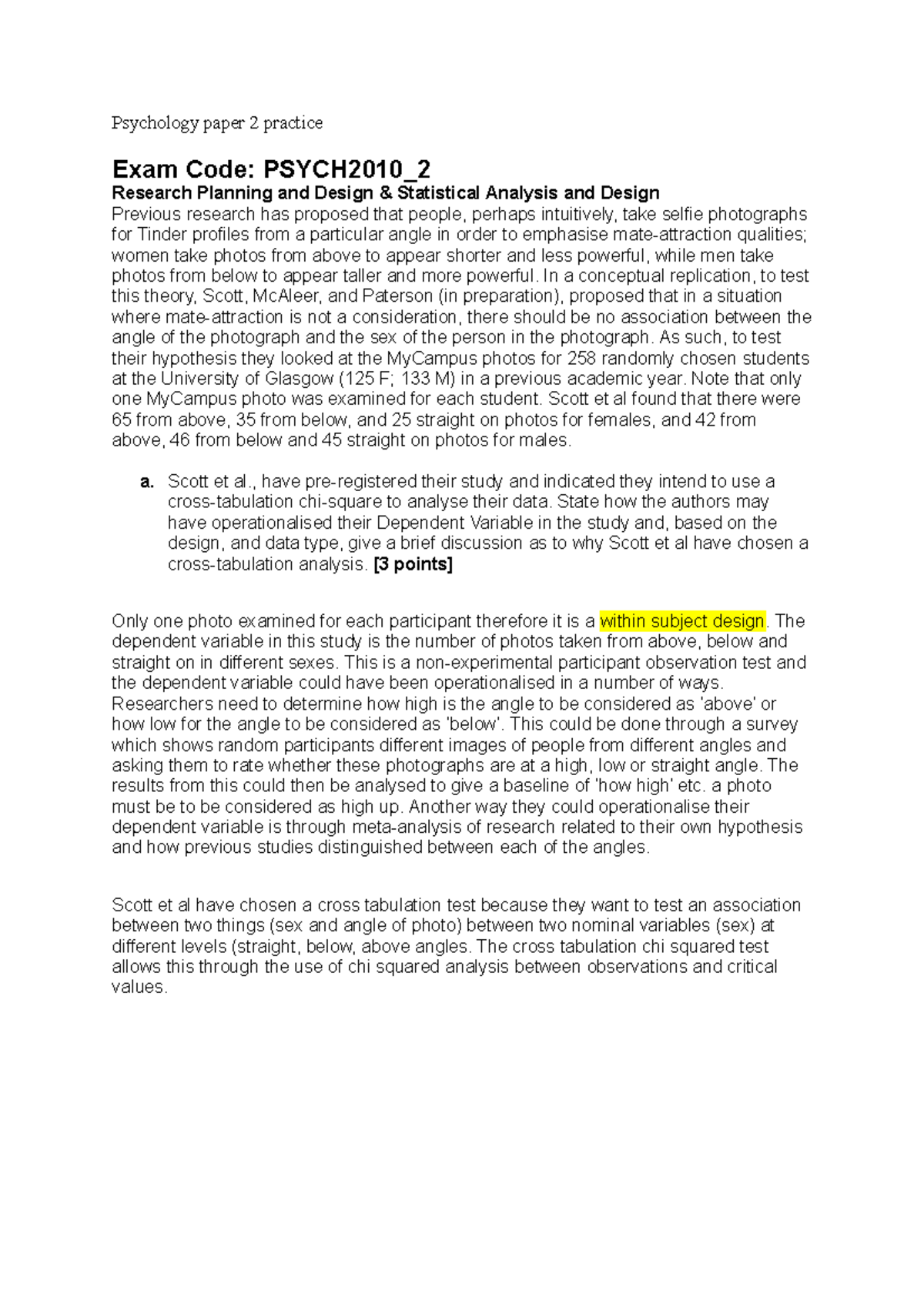 Psych paper 2 practice - Psychology paper 2 practice Exam Code ...