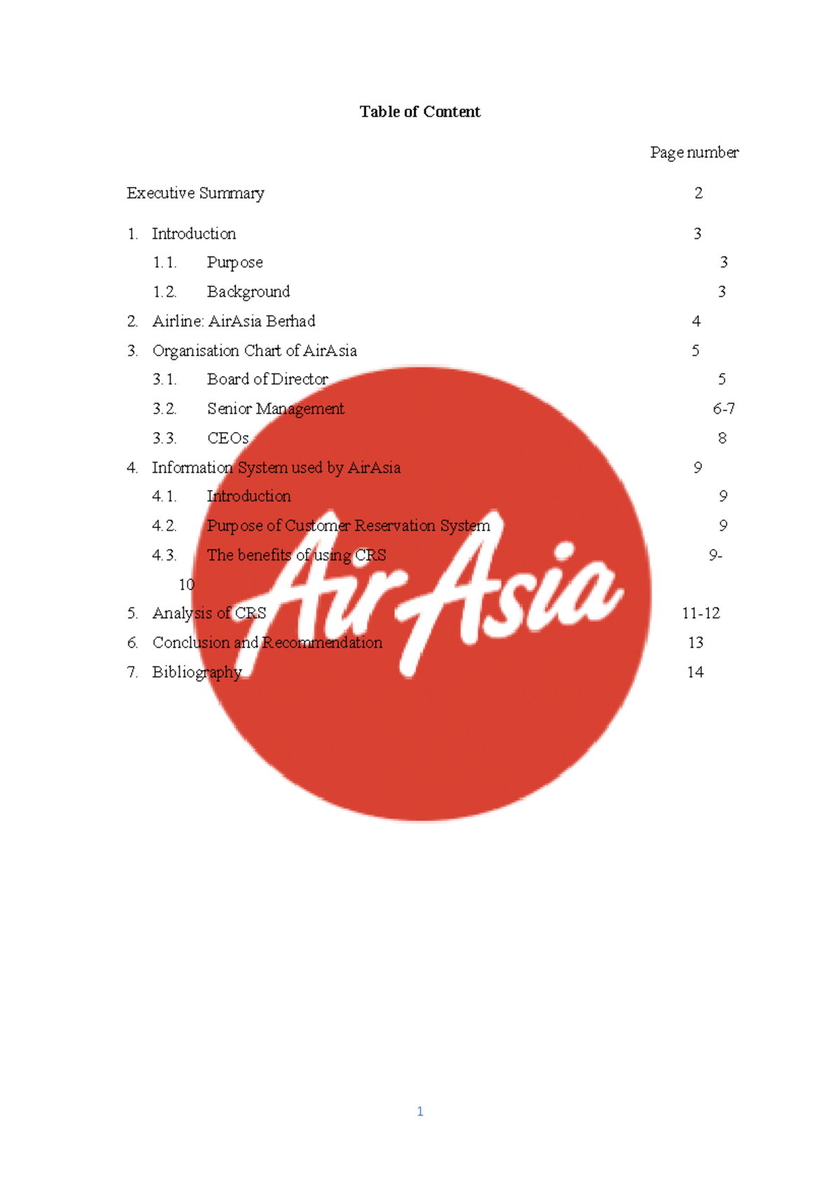 Air Asia - AirAsia - Table of Content Executive Summary Page number ...
